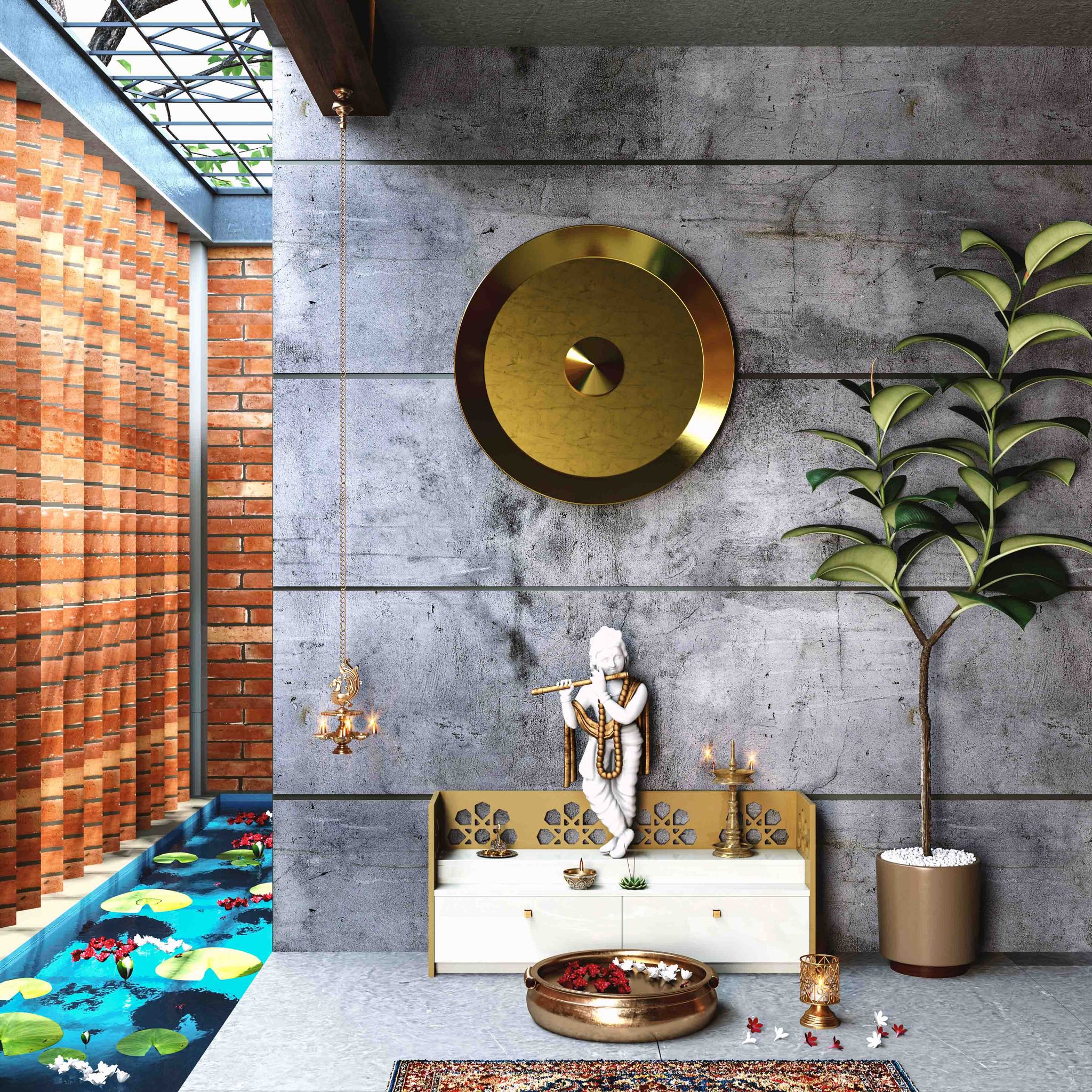 Modern Pooja Unit Design with White Storage with Drawers and Concrete ...