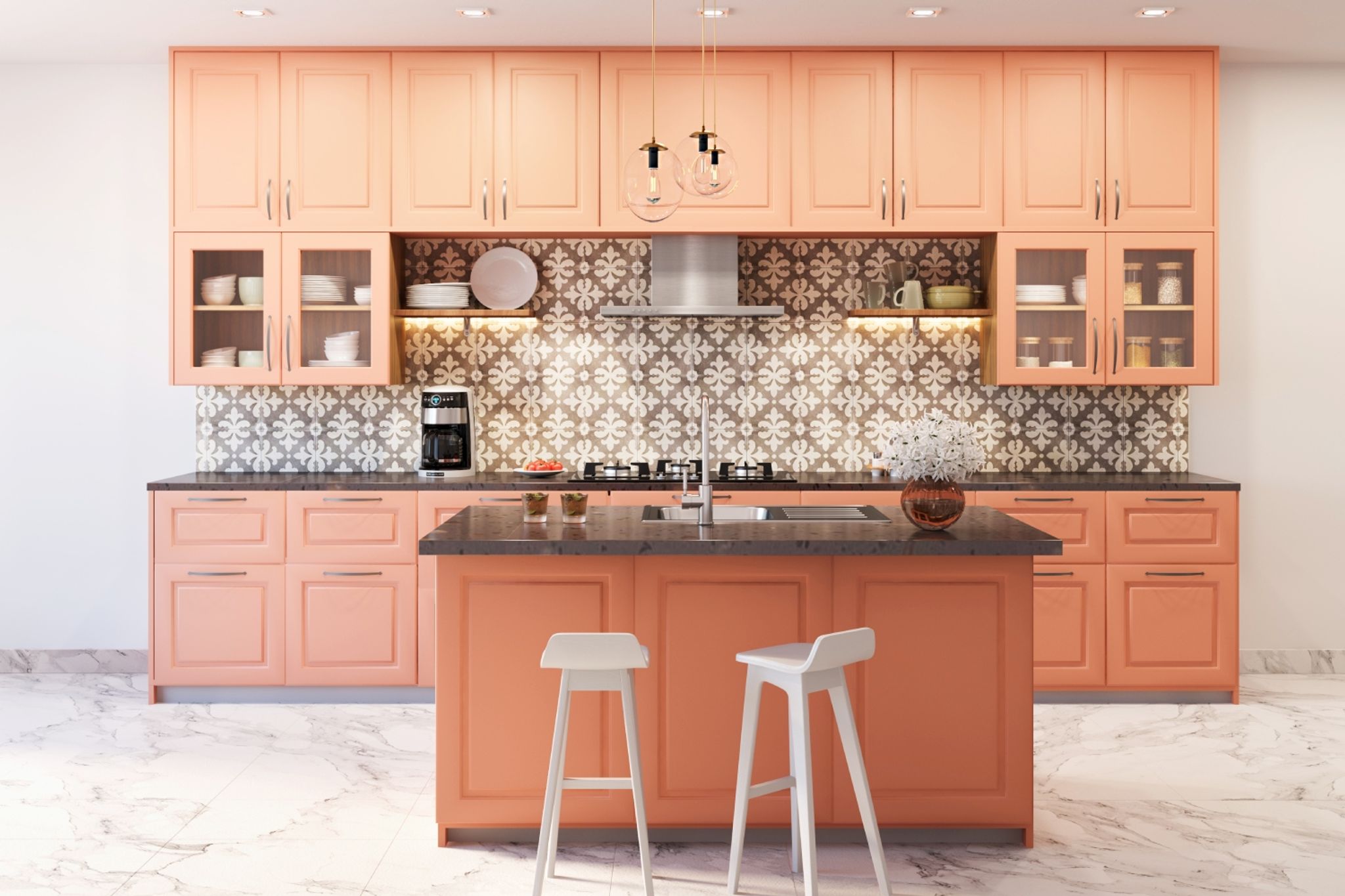 Classic Island Kitchen Design with Profile Lighting and Matte Shutter ...