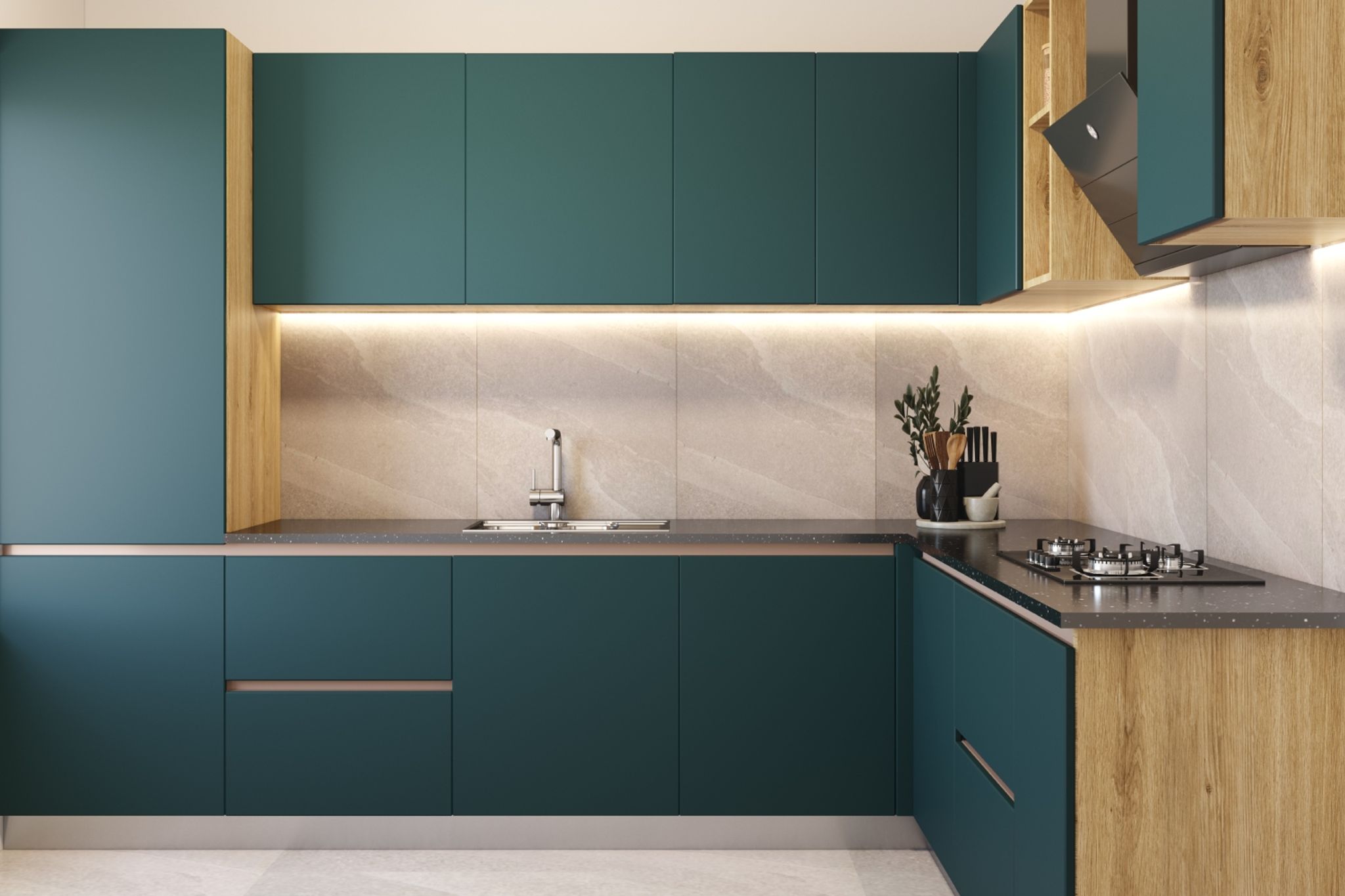 Functional Contemporary L-Shaped Kitchen Design with Open Racks and ...