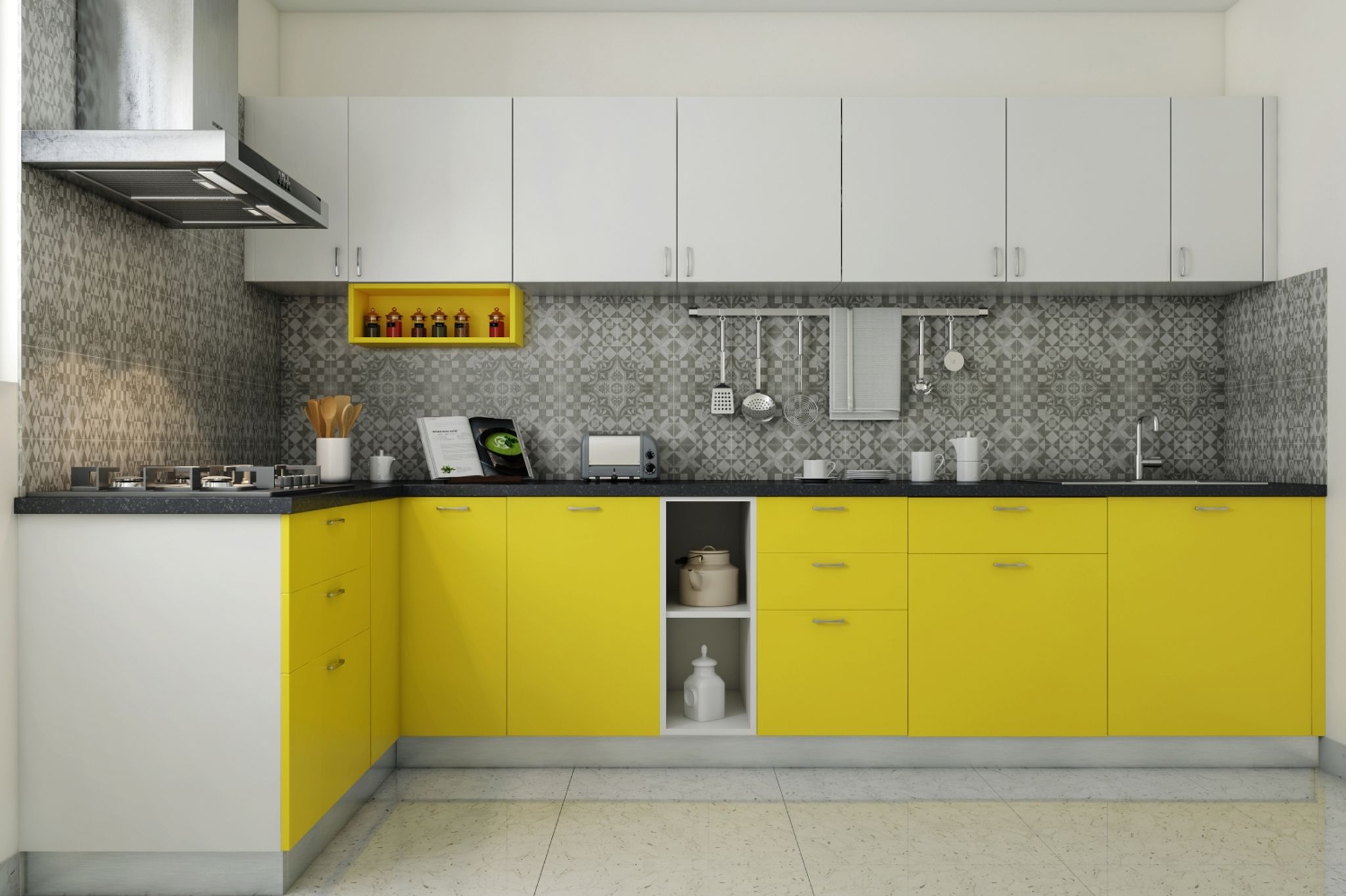 Yellow and White Modern L-Shaped Kitchen Design with Granite Top and Spice Racks | Livspace