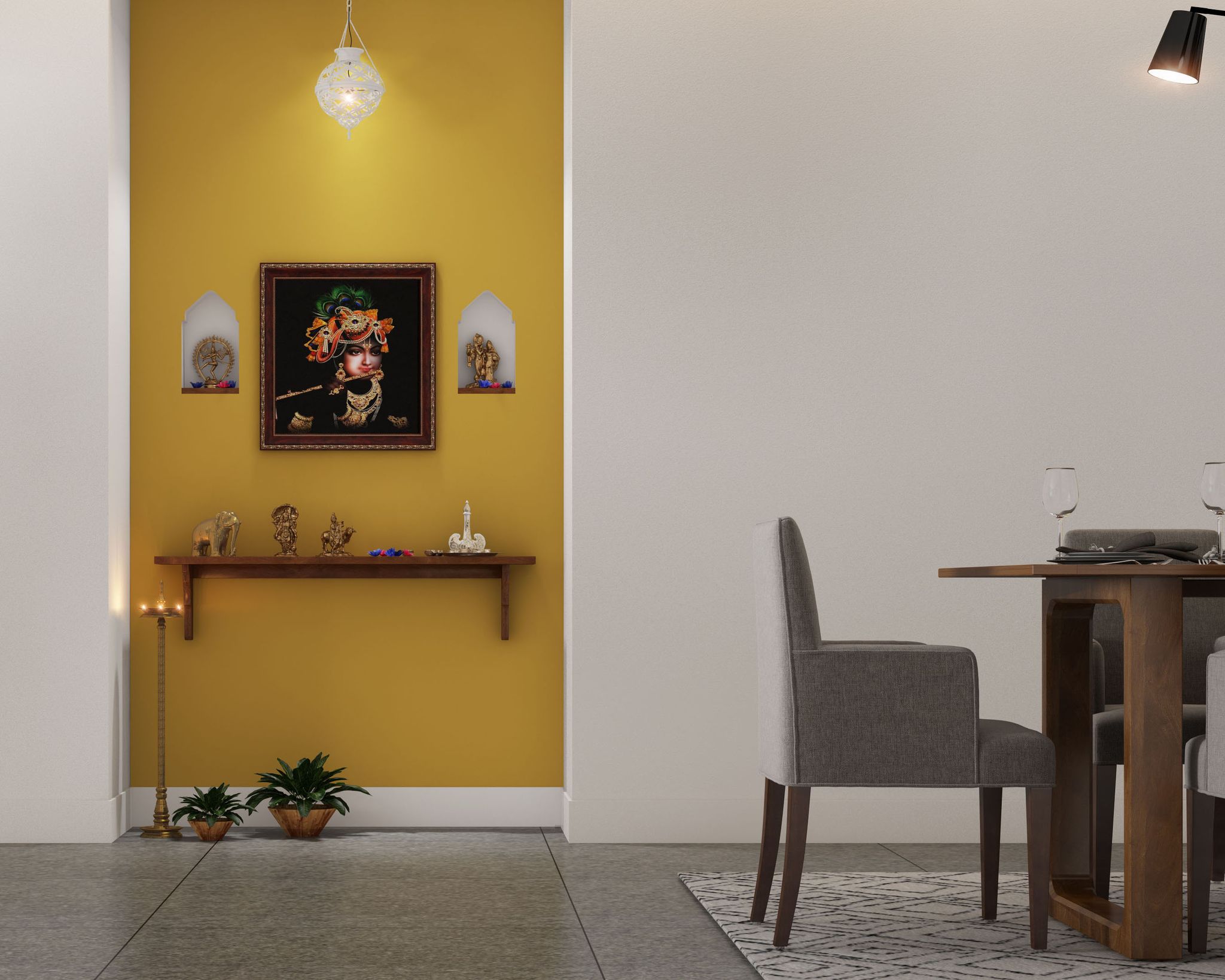 Wall-Mounted Pooja Unit Design Featuring Wooden Ledge and Idols | Livspace