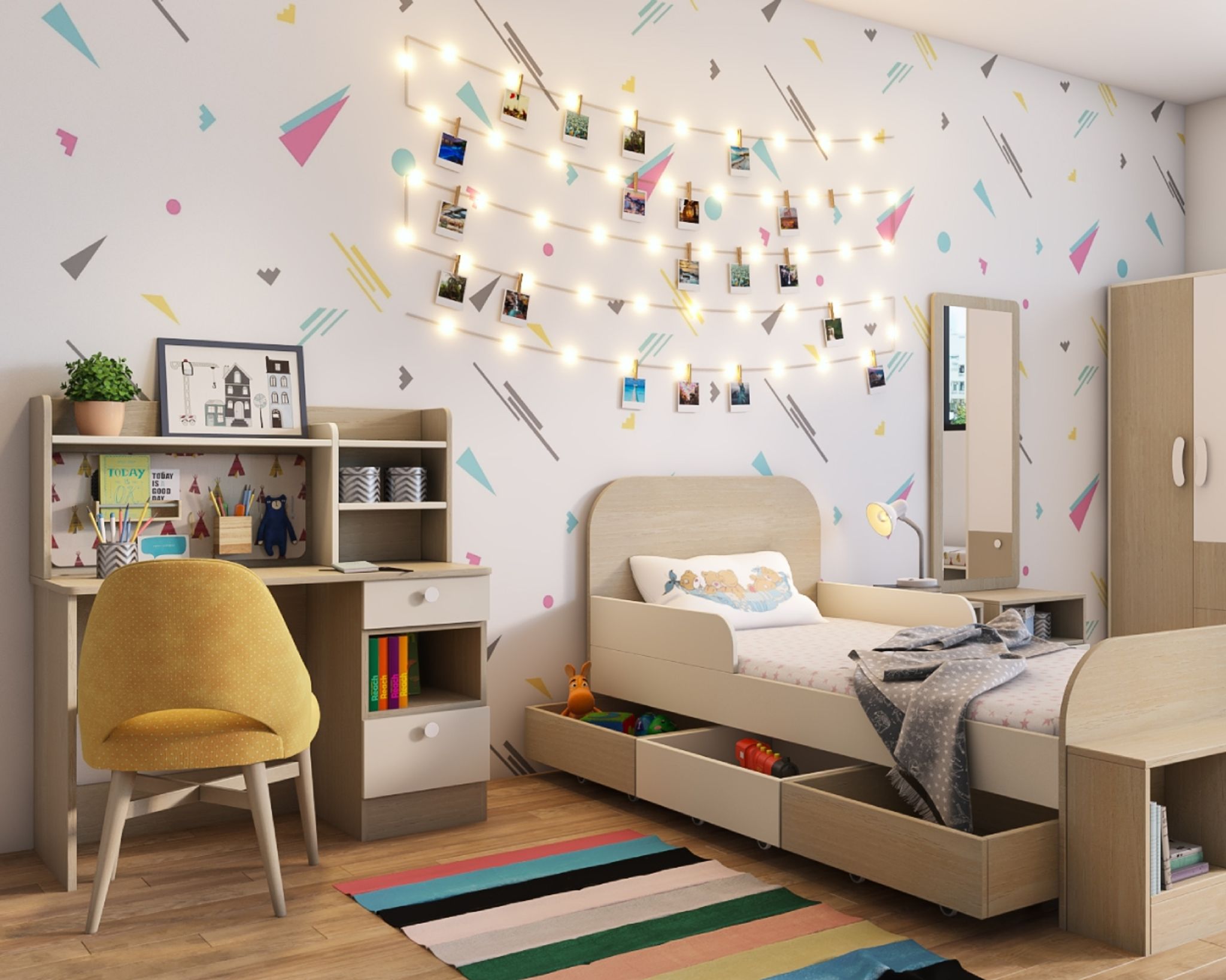 Modern Kids Room Wallpaper Design: White, Pink, Grey, Blue | Livspace
