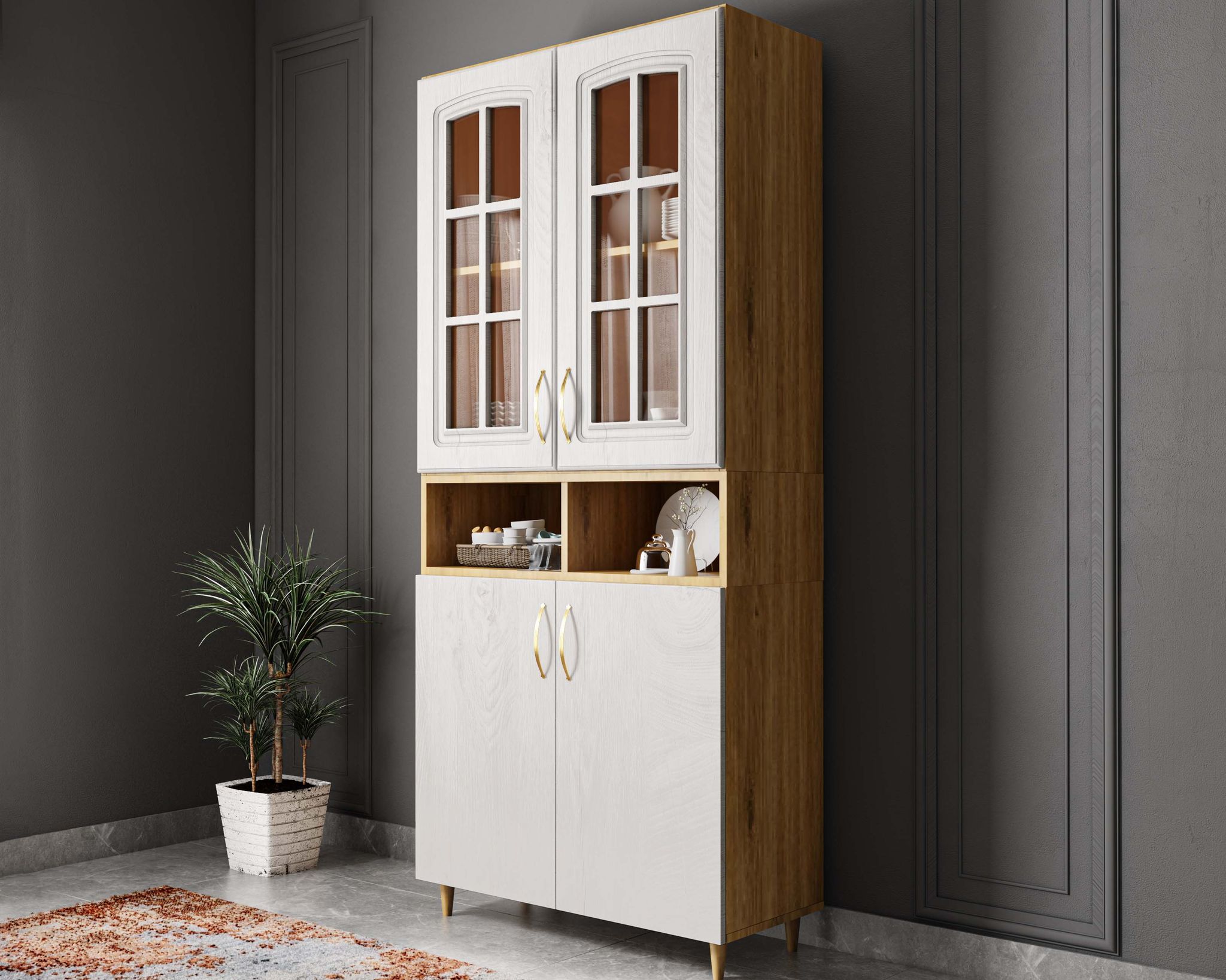 Traditional Oak Crockery Unit Design: Tall Unit with Glass Profile ...