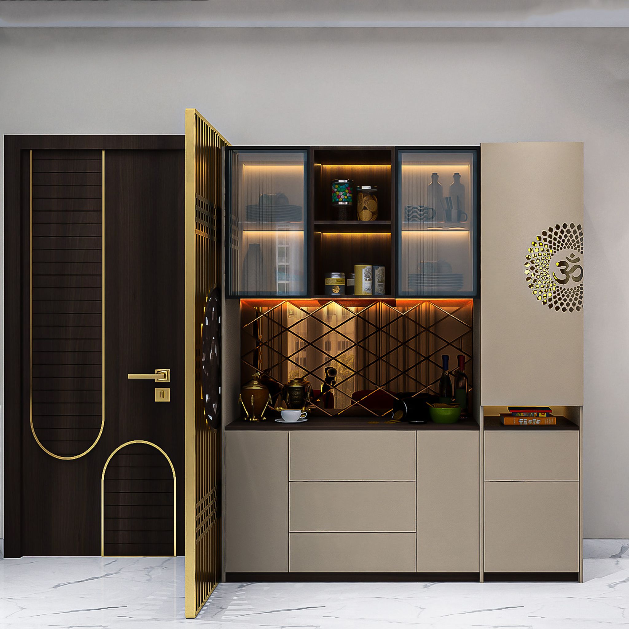 Irish Cream Modern Crockery Unit Design with Base Unit and Drawers With ...