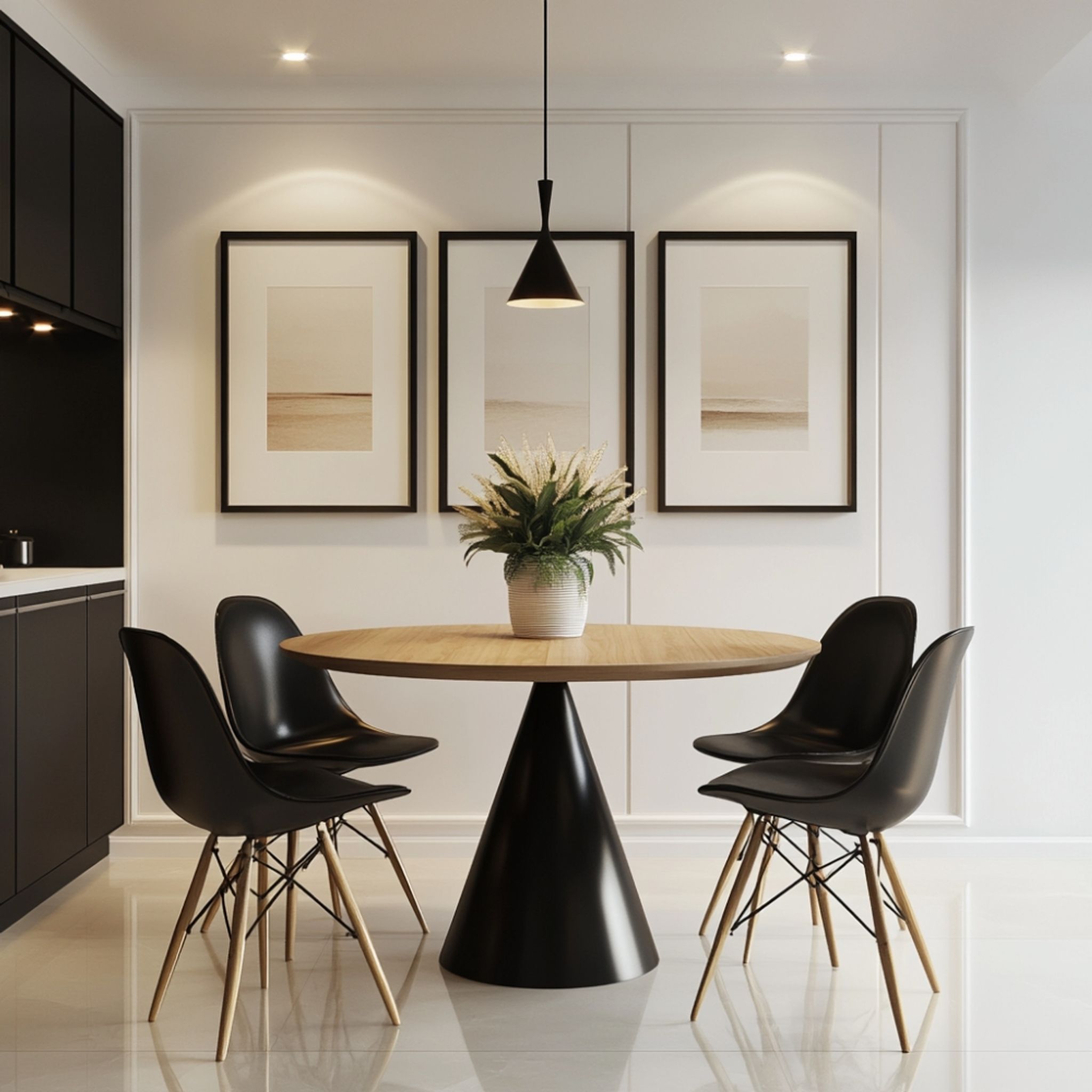 Minimal Dining Room Design with Wooden Table, Abstract Art, and Storage ...