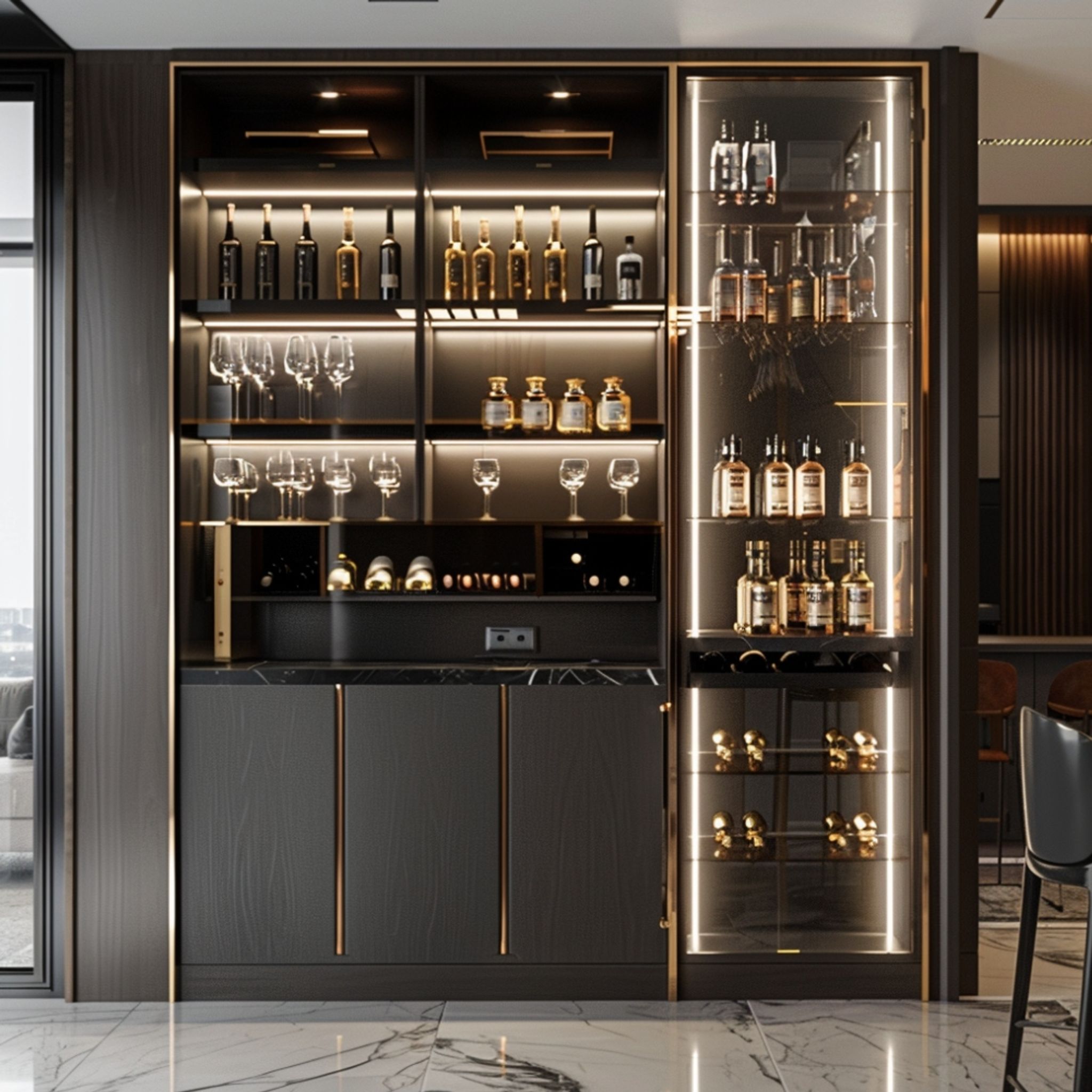Closed Cabinet Units With Glass Shutters in a Contemporary Home Bar ...