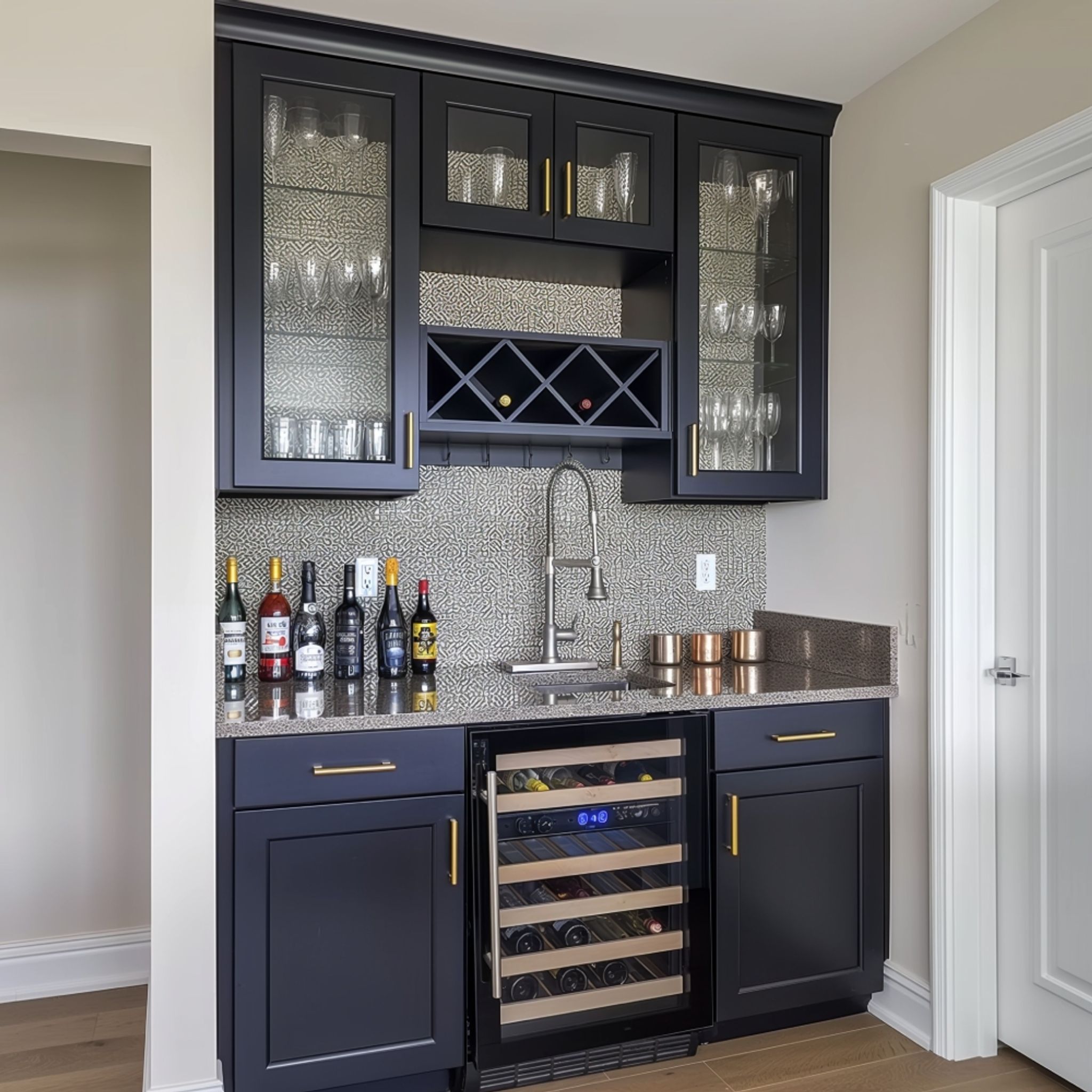 Classic Home Bar Design with Wine Bottle Rack and Wine Cooler | Livspace