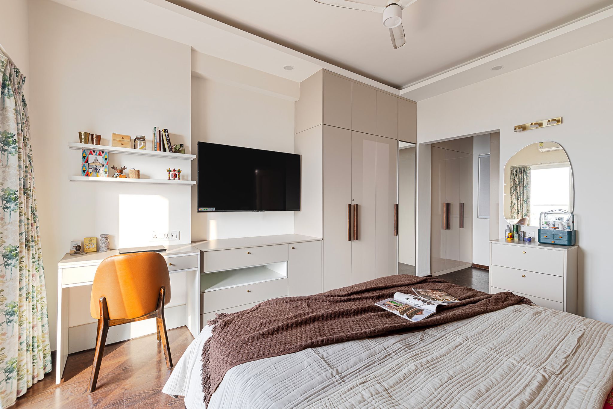 Beige Minimal TV Unit Design with Integrated Dresser, Storage Drawers ...