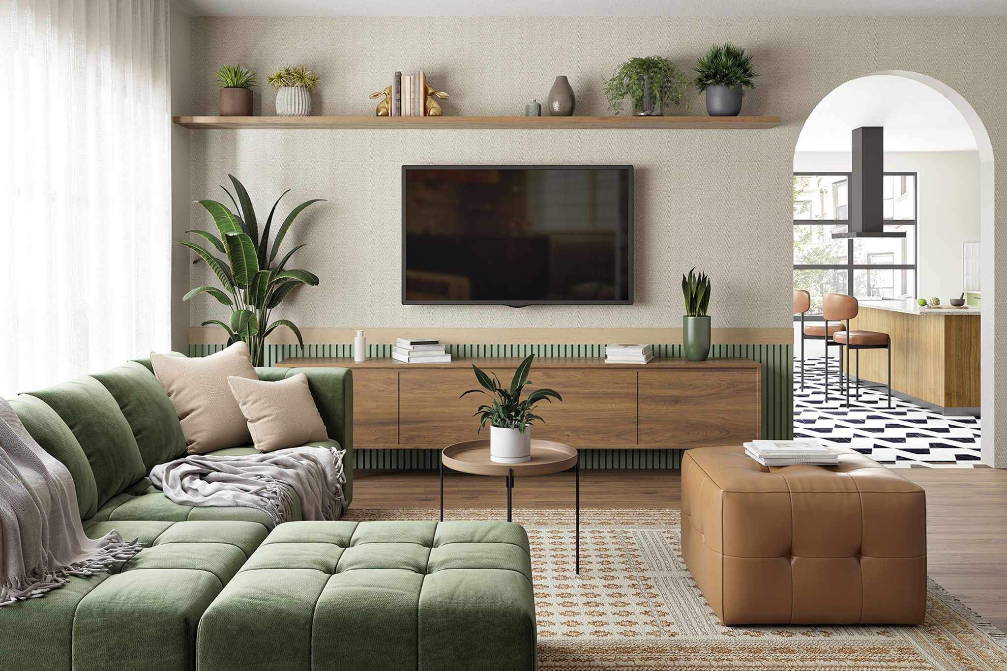Contemporary Sage Green and Wooden Finish TV Unit Design with Fluted ...