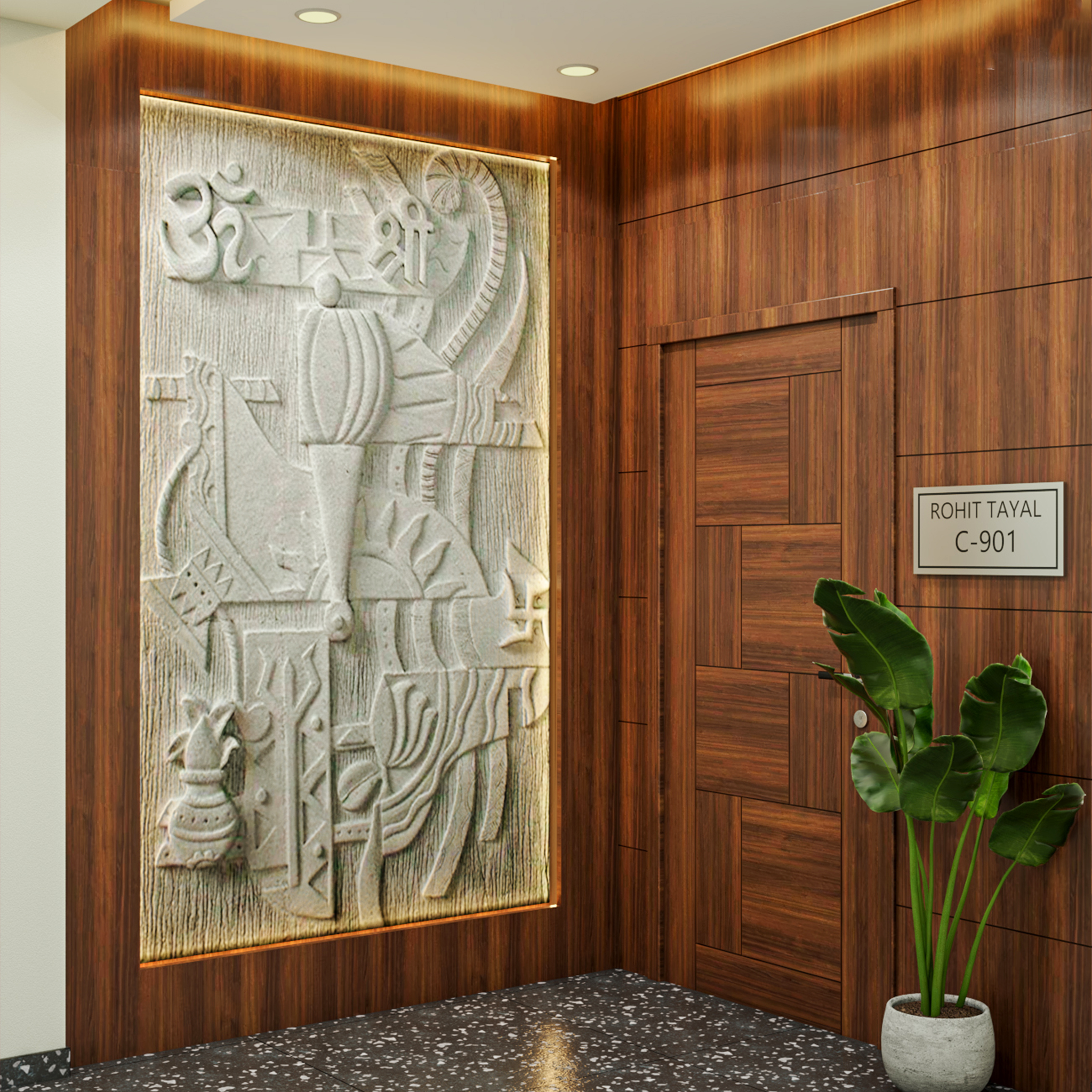 Wooden Panelling Traditional Compact Entrance Foyer Design Idea | Livspace
