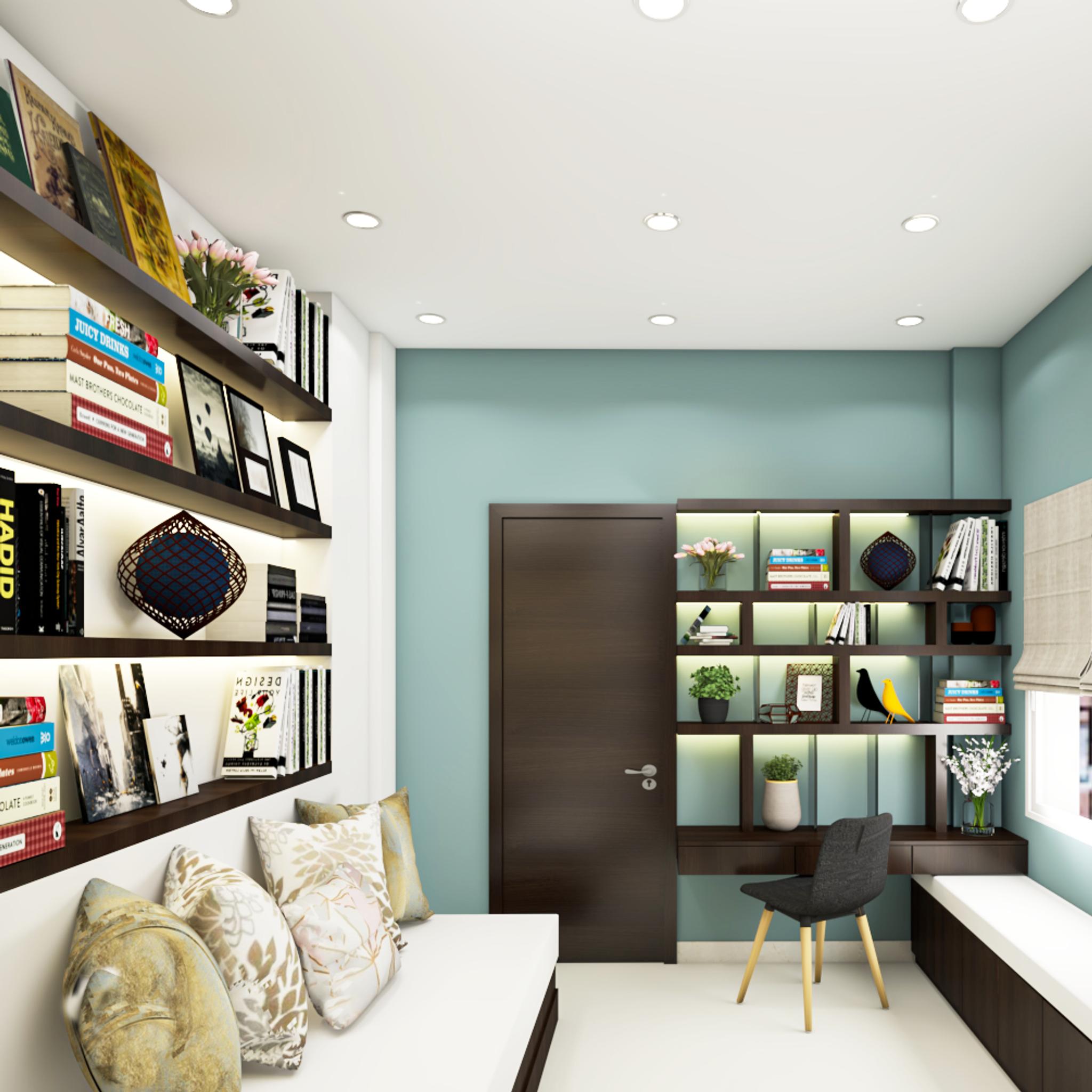 Study Room with Two Shelves for Books and Souvenirs with Cushioned ...