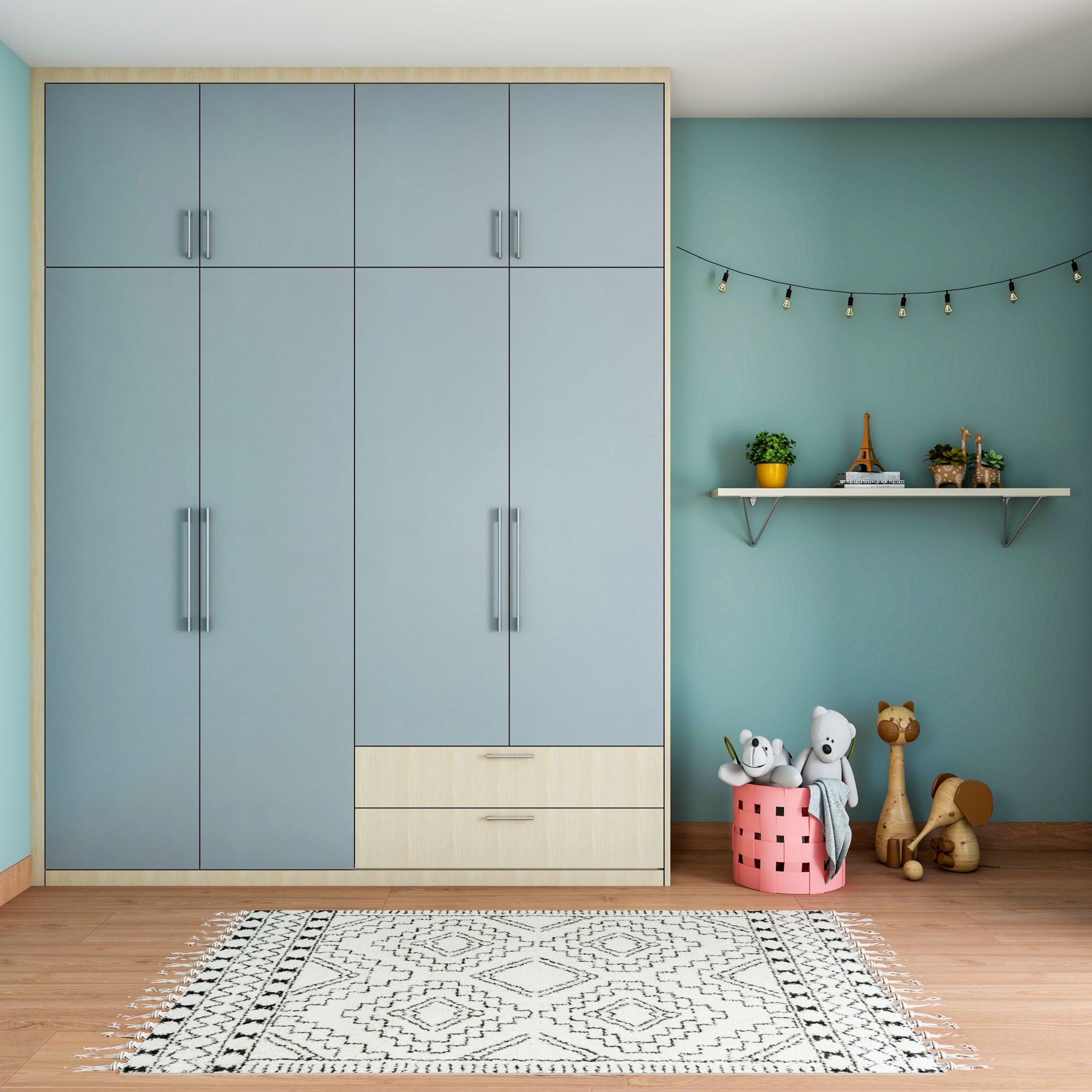 Aesthetic Blue Coloured Wardrobe with Lower Beige Drawers | Livspace