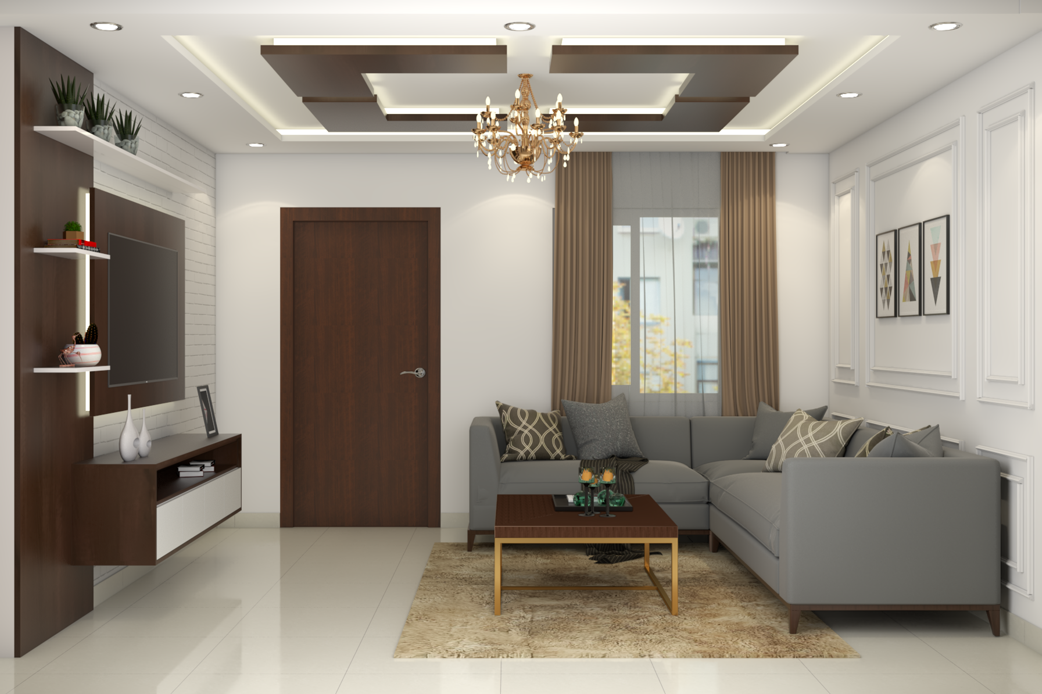 False Ceiling With Cove Lights And A Chandelier | Livspace