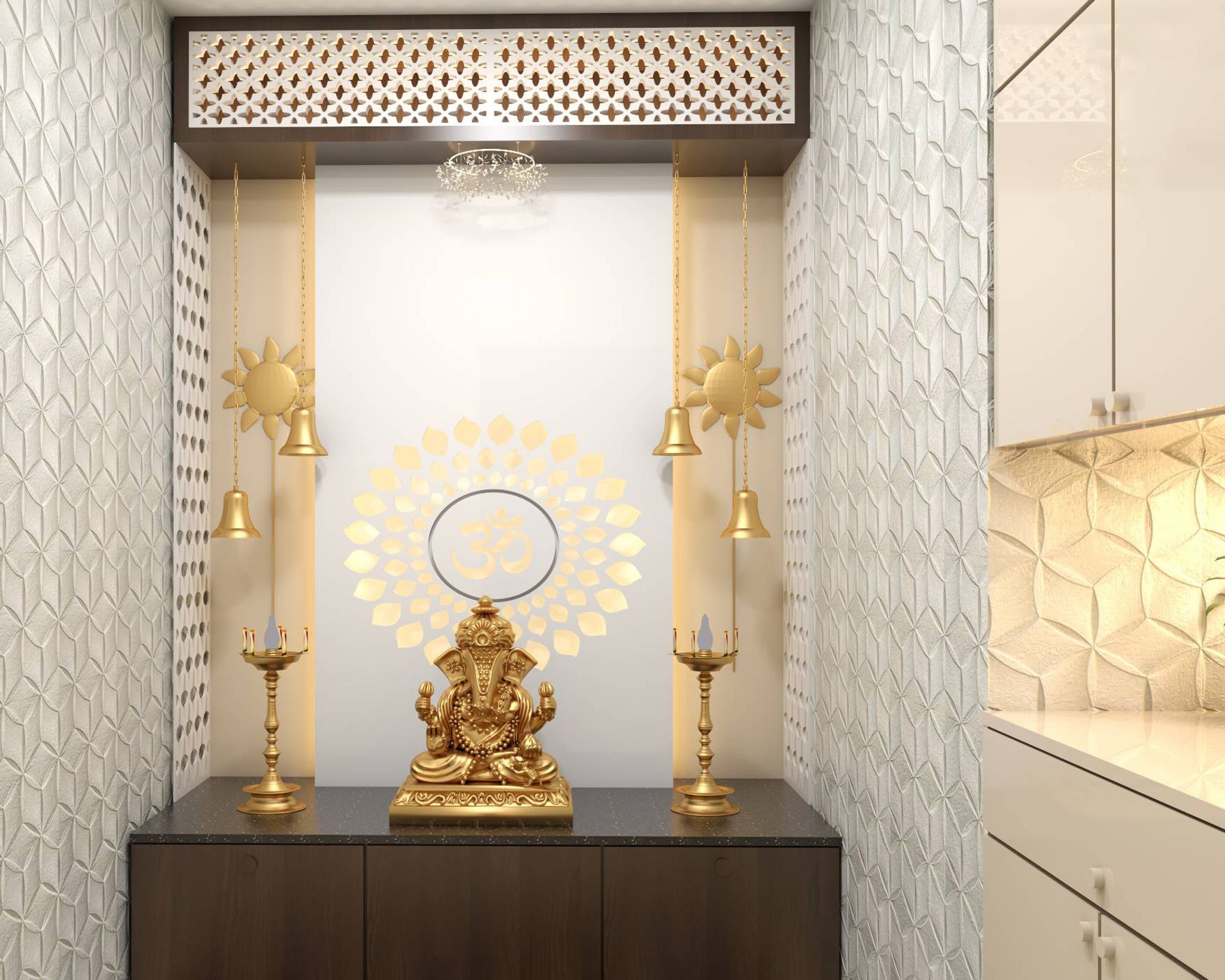 Pooja Mandir Design With A Geometric Wallpaper | Livspace