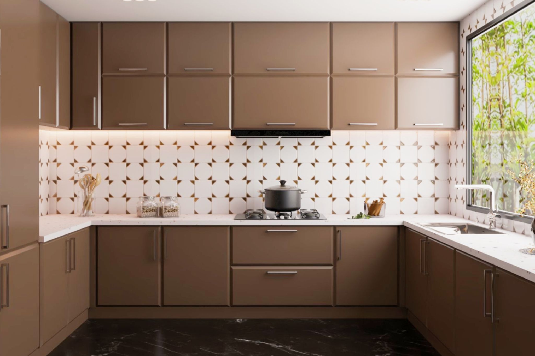 Suede Geometric Marble Mosaic Kitchen Backsplash Design | Livspace