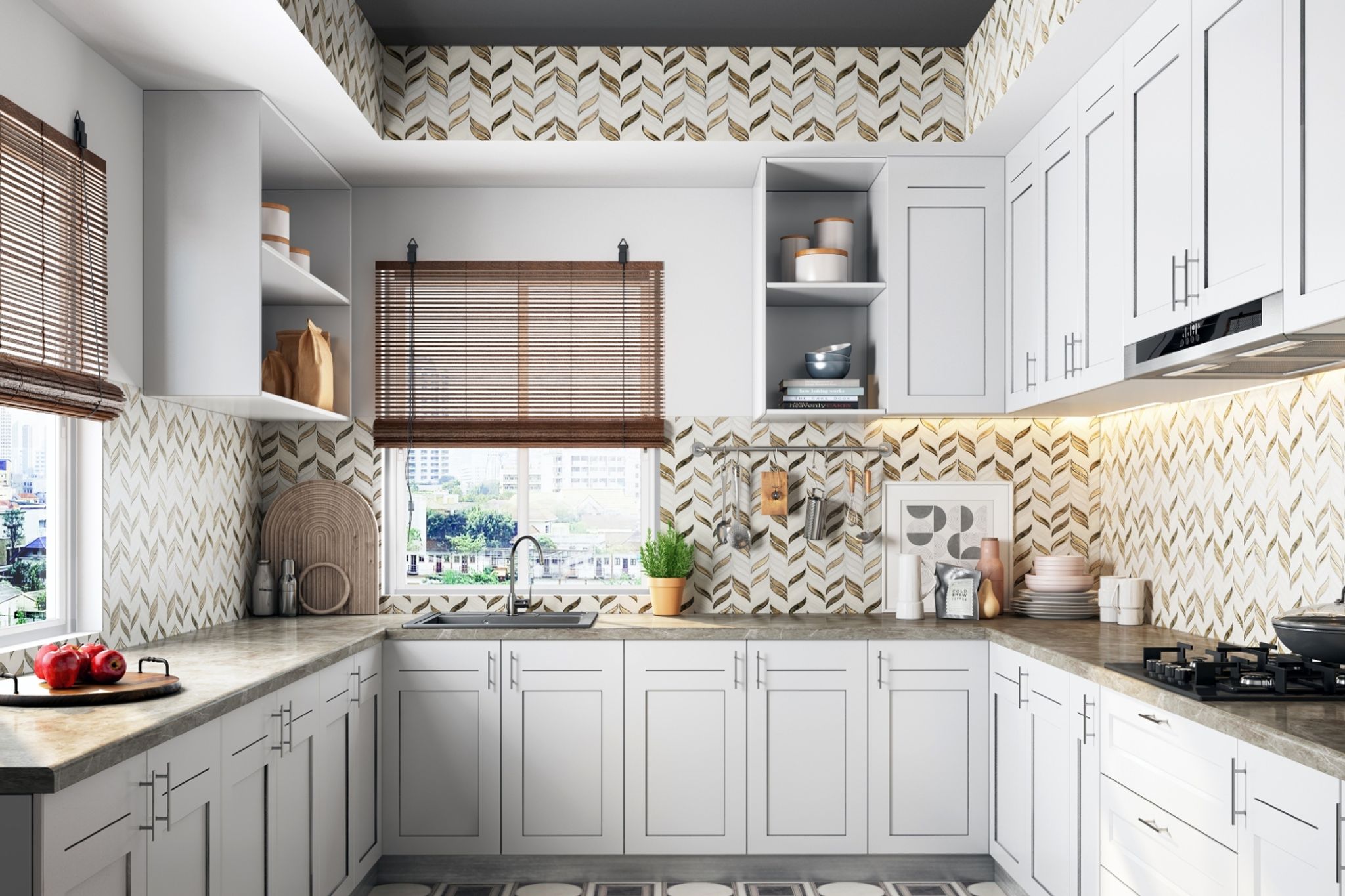 Modern Eclectic Ceramic Leaf-Patterned Backsplash In Brown And White ...