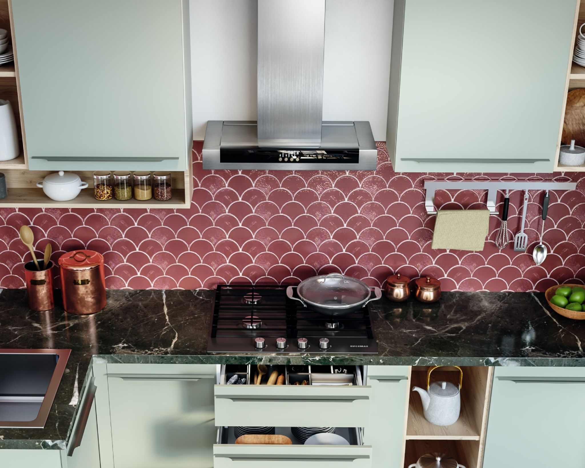 Ceramic Art Deco Fishtail Maroon Kitchen Tile Design | Livspace