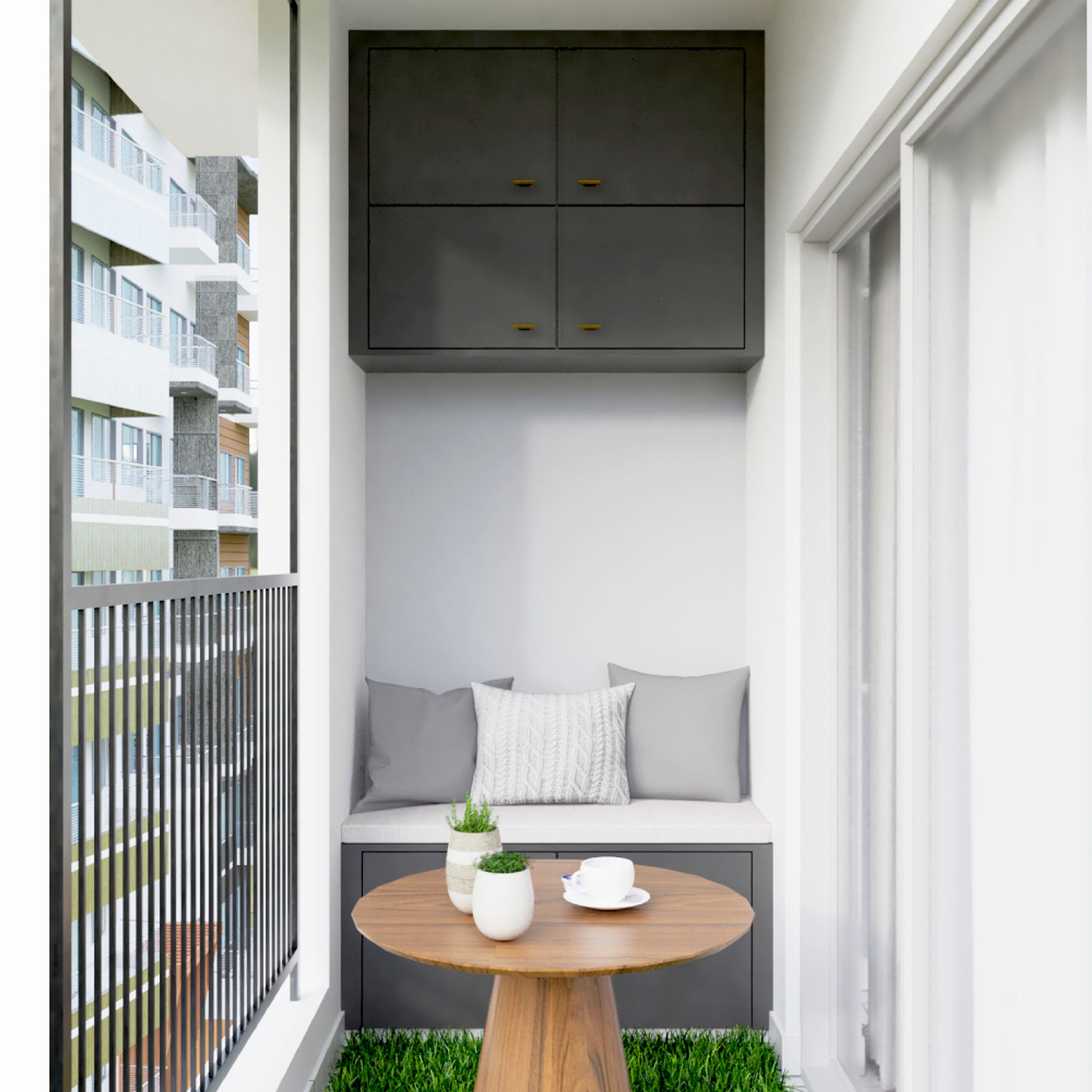 Compact Grey And White Balcony Design With Round Wooden Coffee Table ...