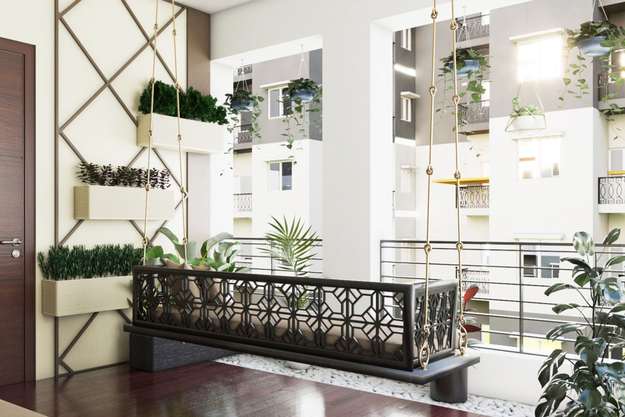 Spacious Balcony Design With Two Swings And Metal Square Wall Panels ...