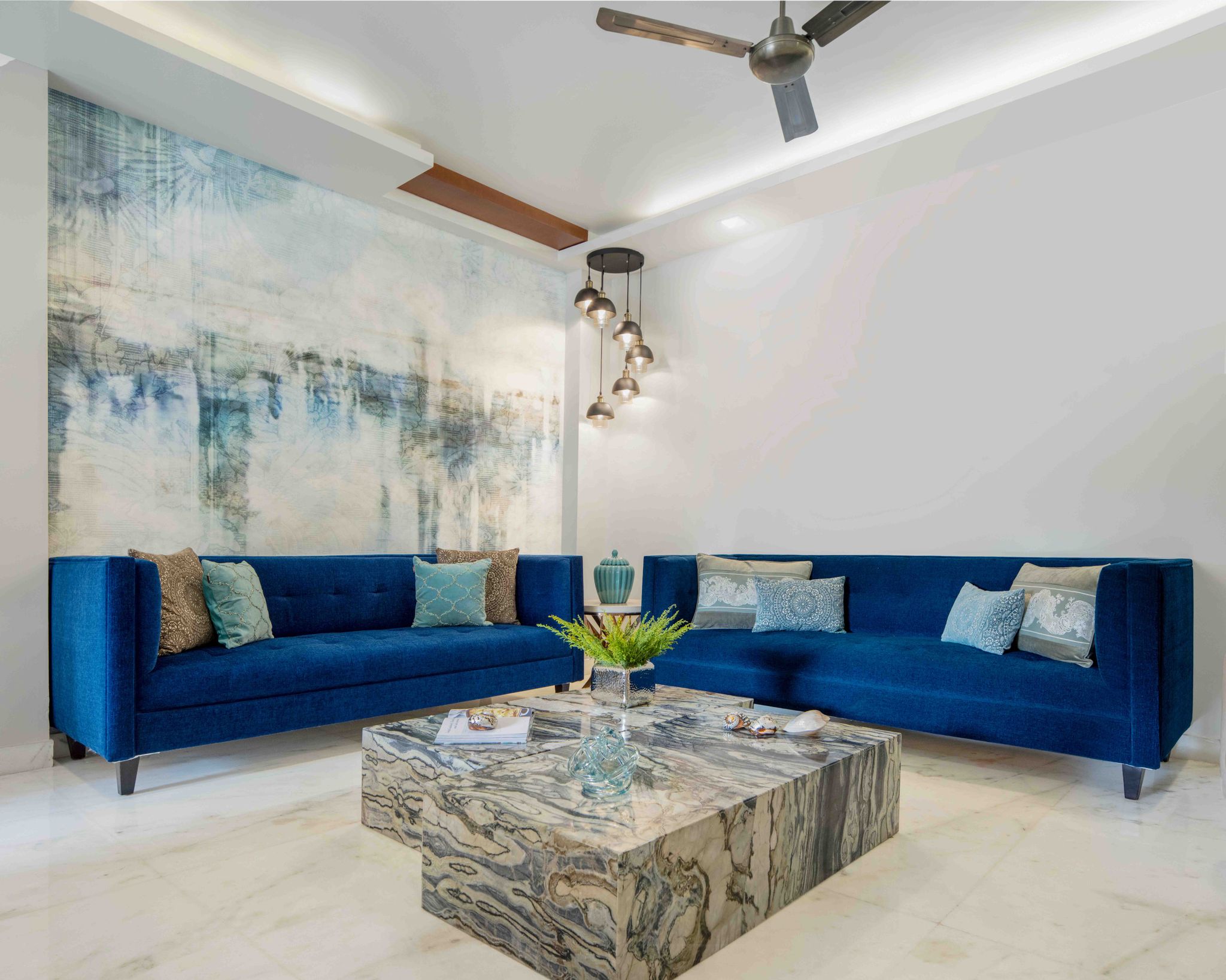 Delhi 2-BHK Apartment Interior Design With Blue And White Parallel ...