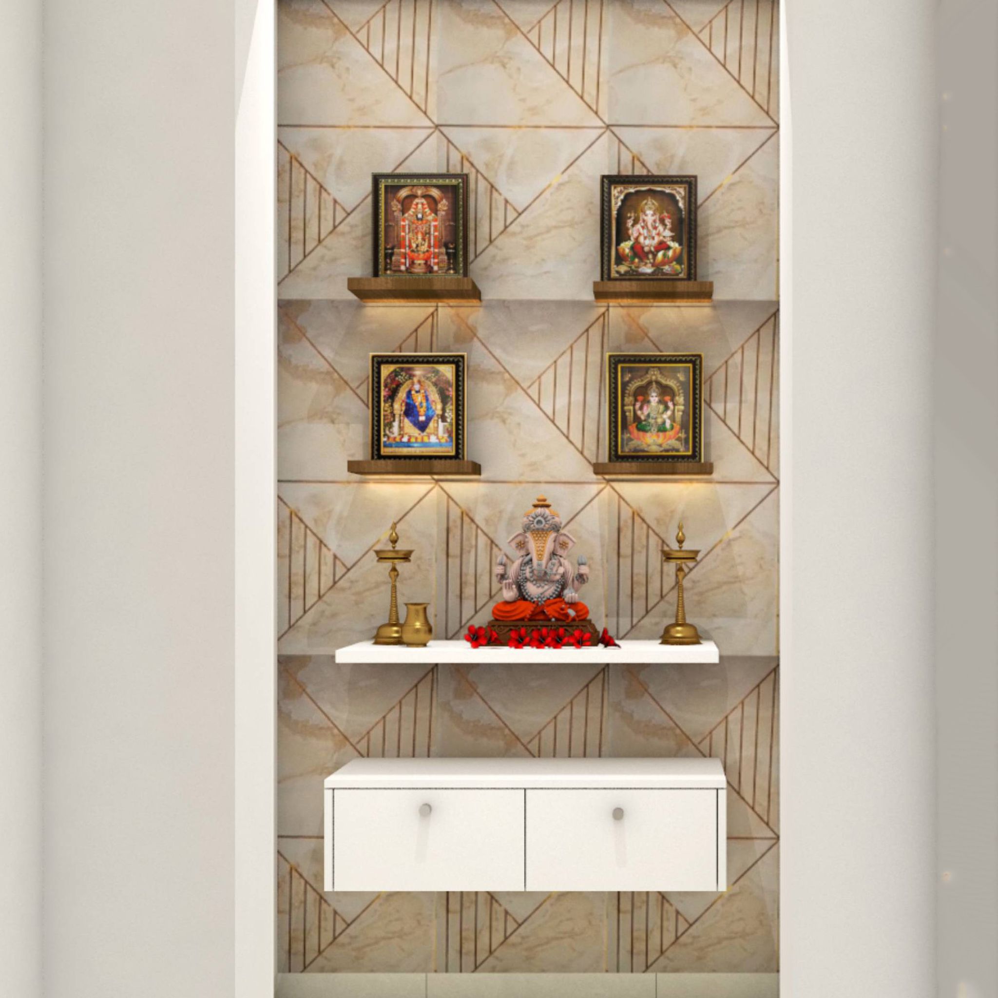Contemporary Frosty White Wall Mount Pooja Mandir Design | Livspace