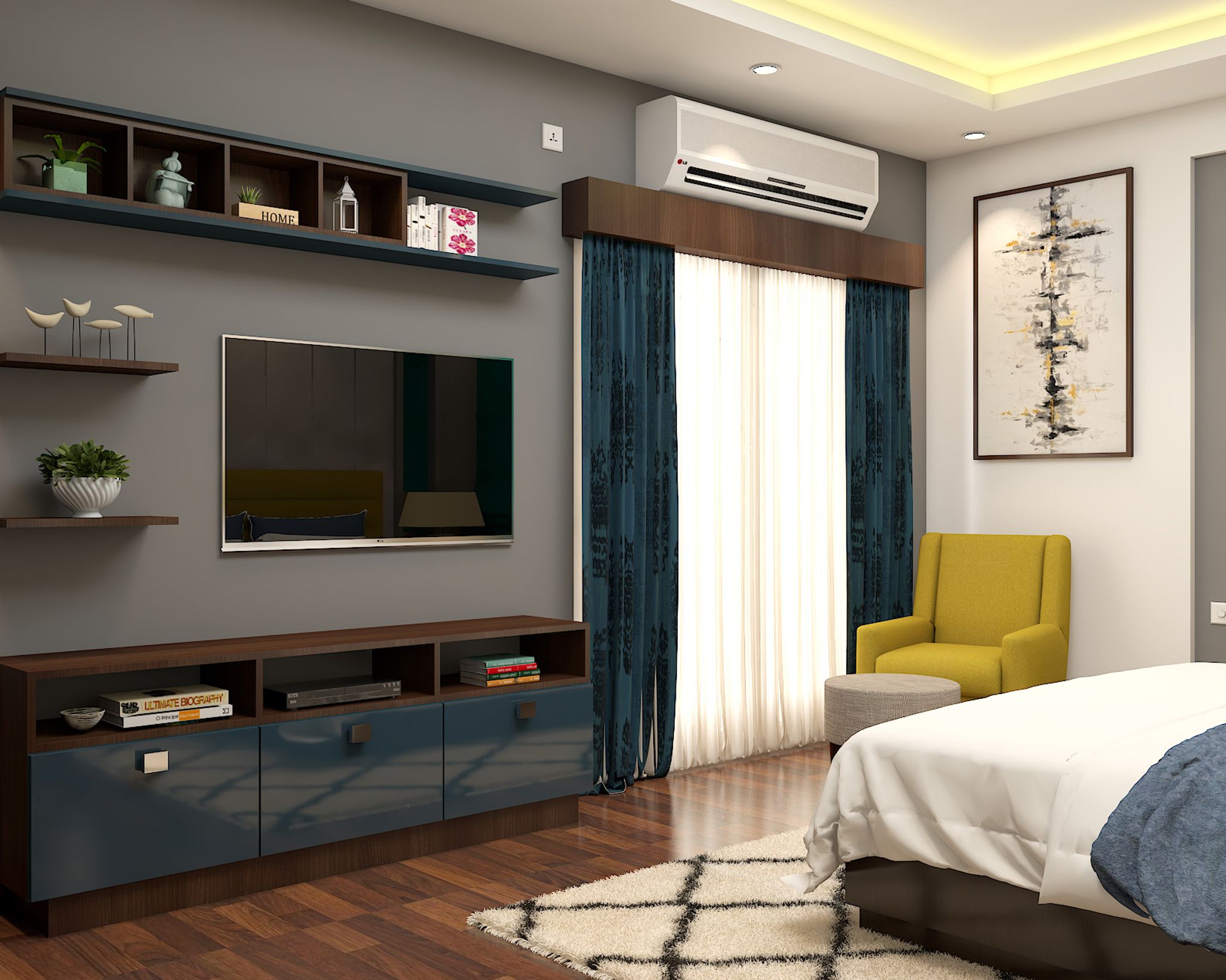 Spacious Glossy Blue And Dark Wood Floor-Mounted TV Unit Design With ...