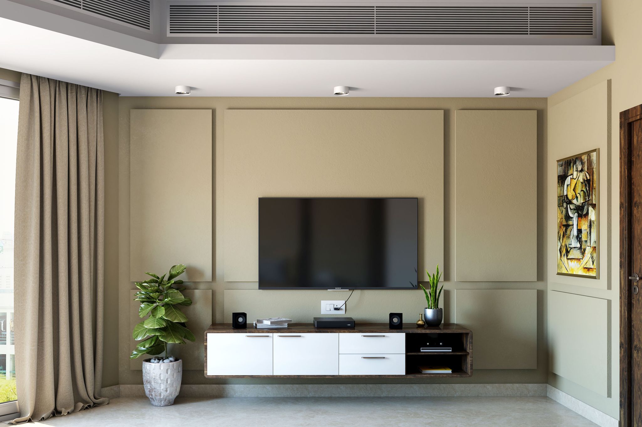 Wall-Mounted White And Wood TV Unit Design With Beige Accent Wall ...