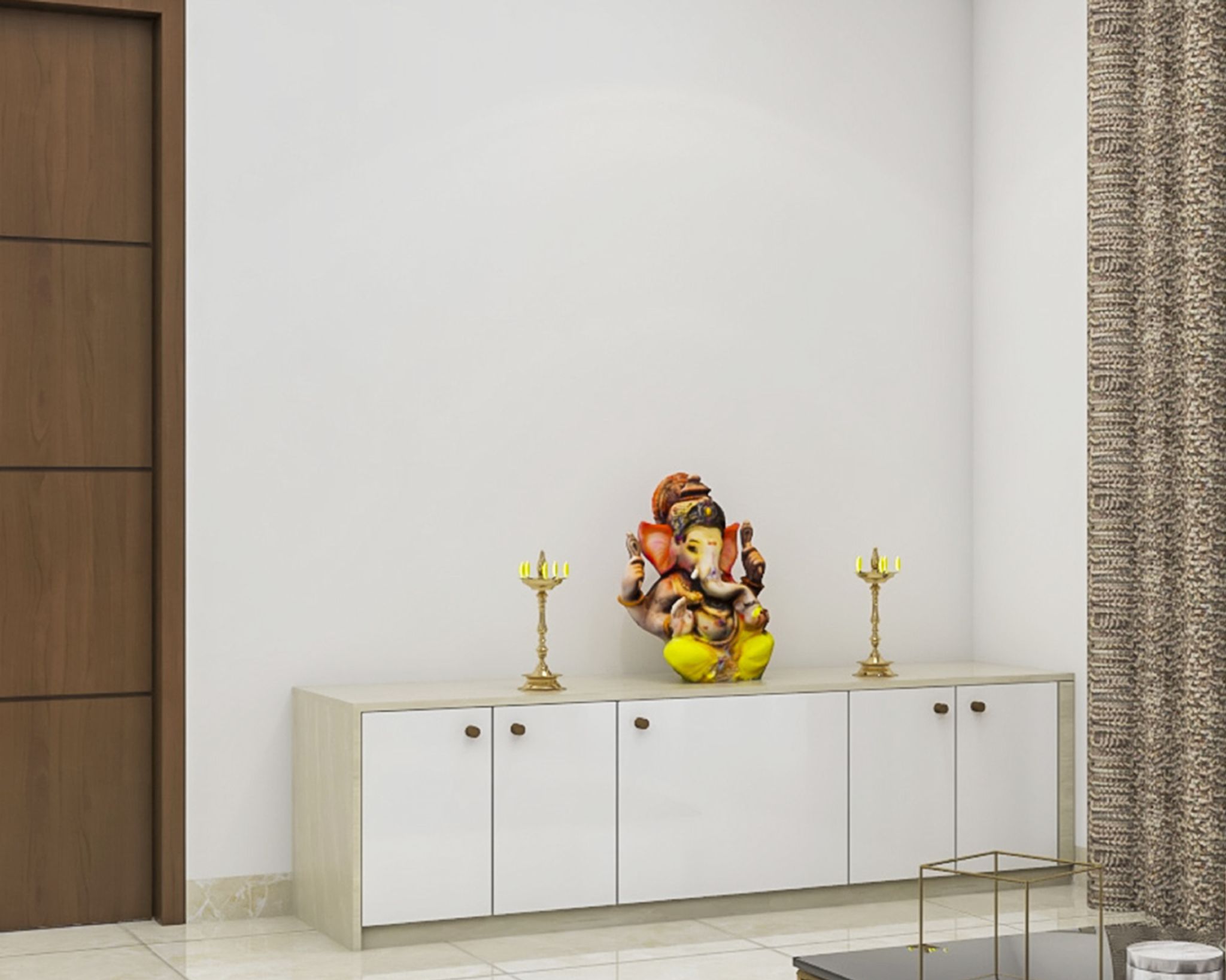 White And Wood Floor-Mounted Mandir Design With 5-Door Cabinet Storage ...