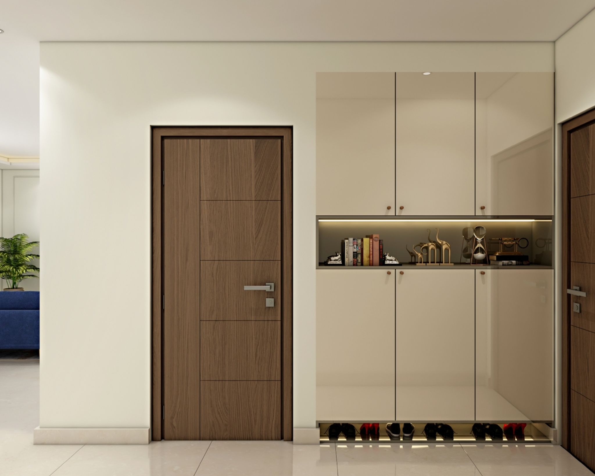 Irish Cream Foyer Design With Tall Glossy Storage Unit | Livspace