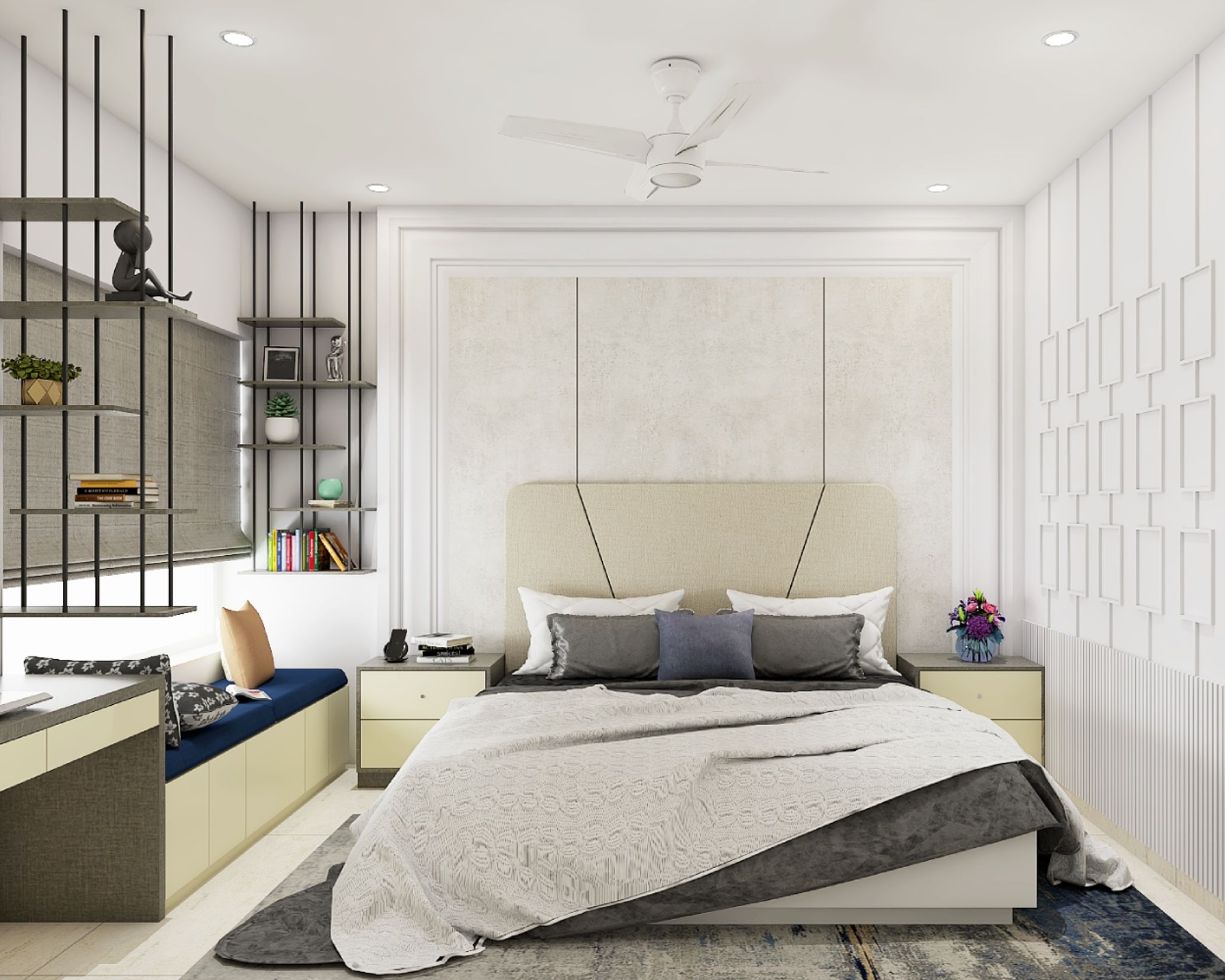 Beige Guest Room Design With Beige And Grey Study Table And Window ...