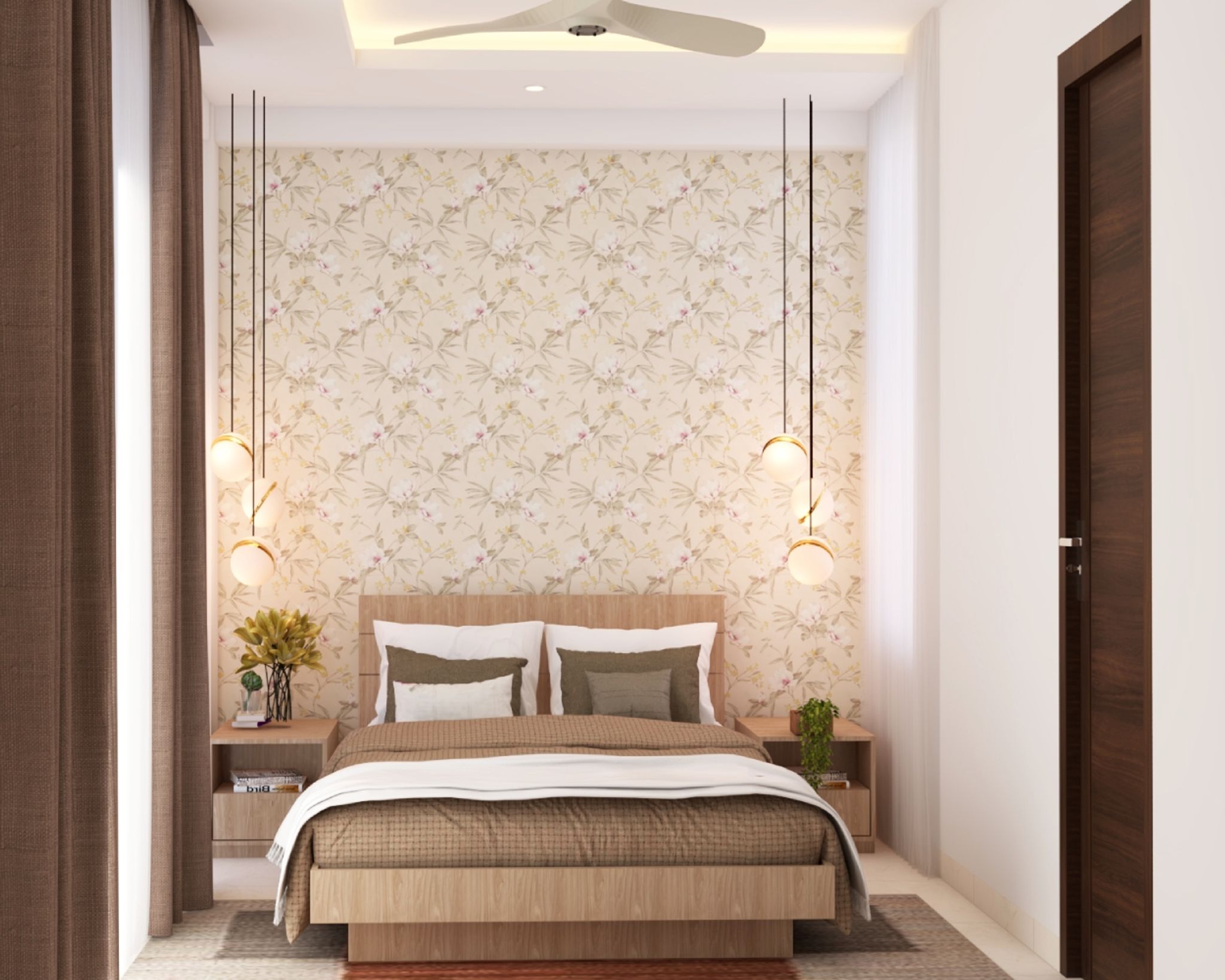 Guest Bedroom Design With Floral-Motif Wallpaper And Drop Down Lights ...
