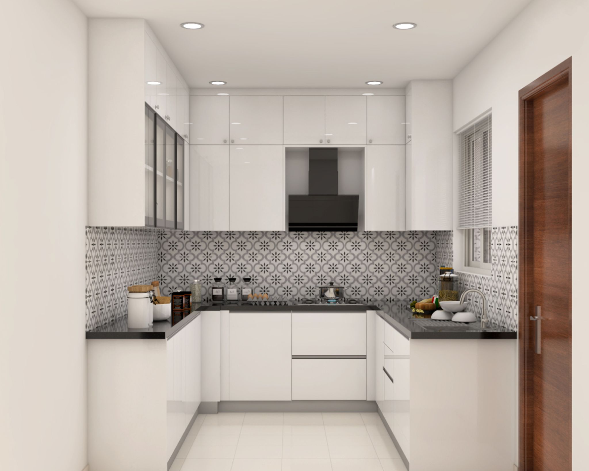 Compact U-Shaped Kitchen Design With Arabseque Patterned Dado Tiles ...