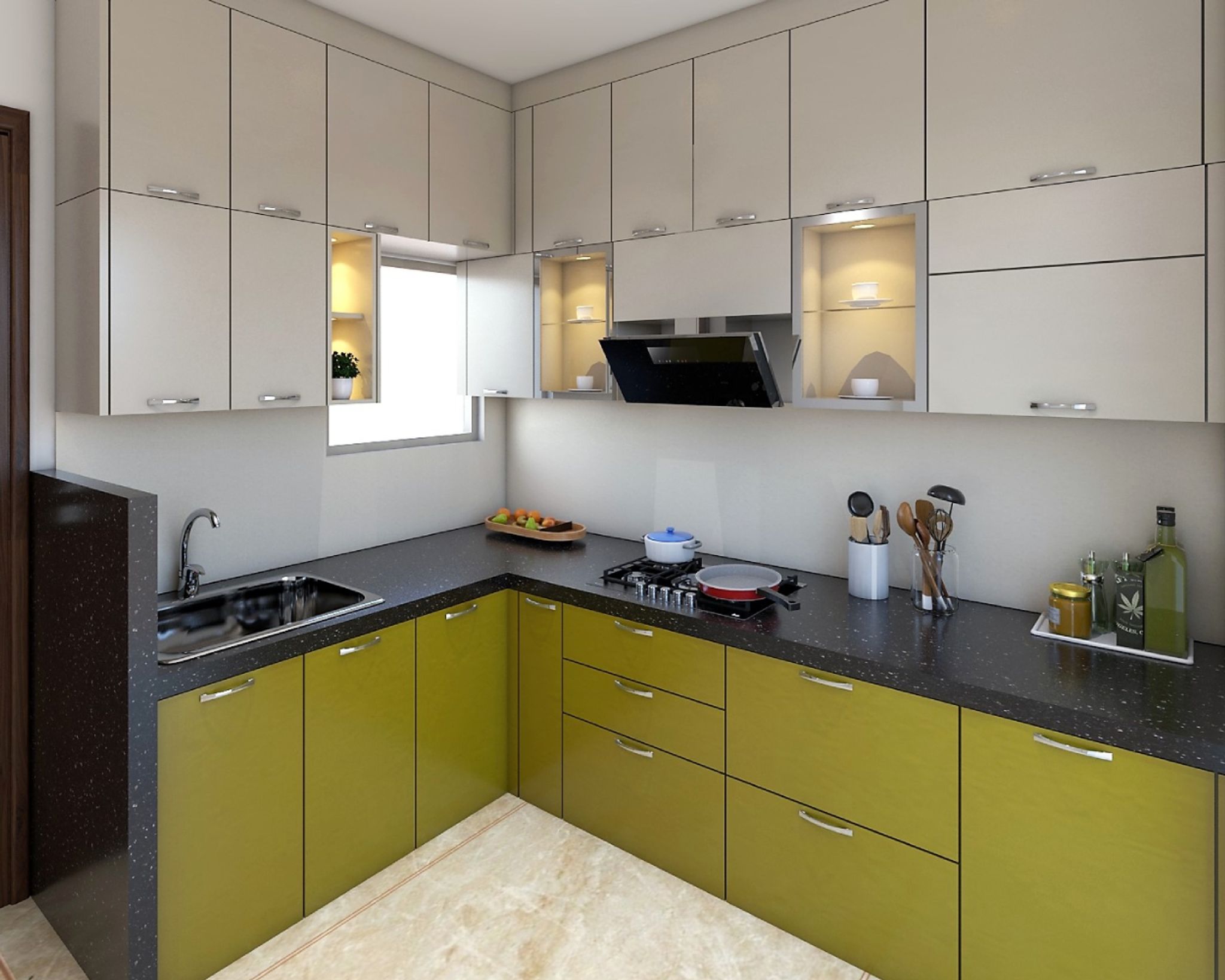 Beige And Lime Green L-Shape Modular Kitchen Design With Black ...