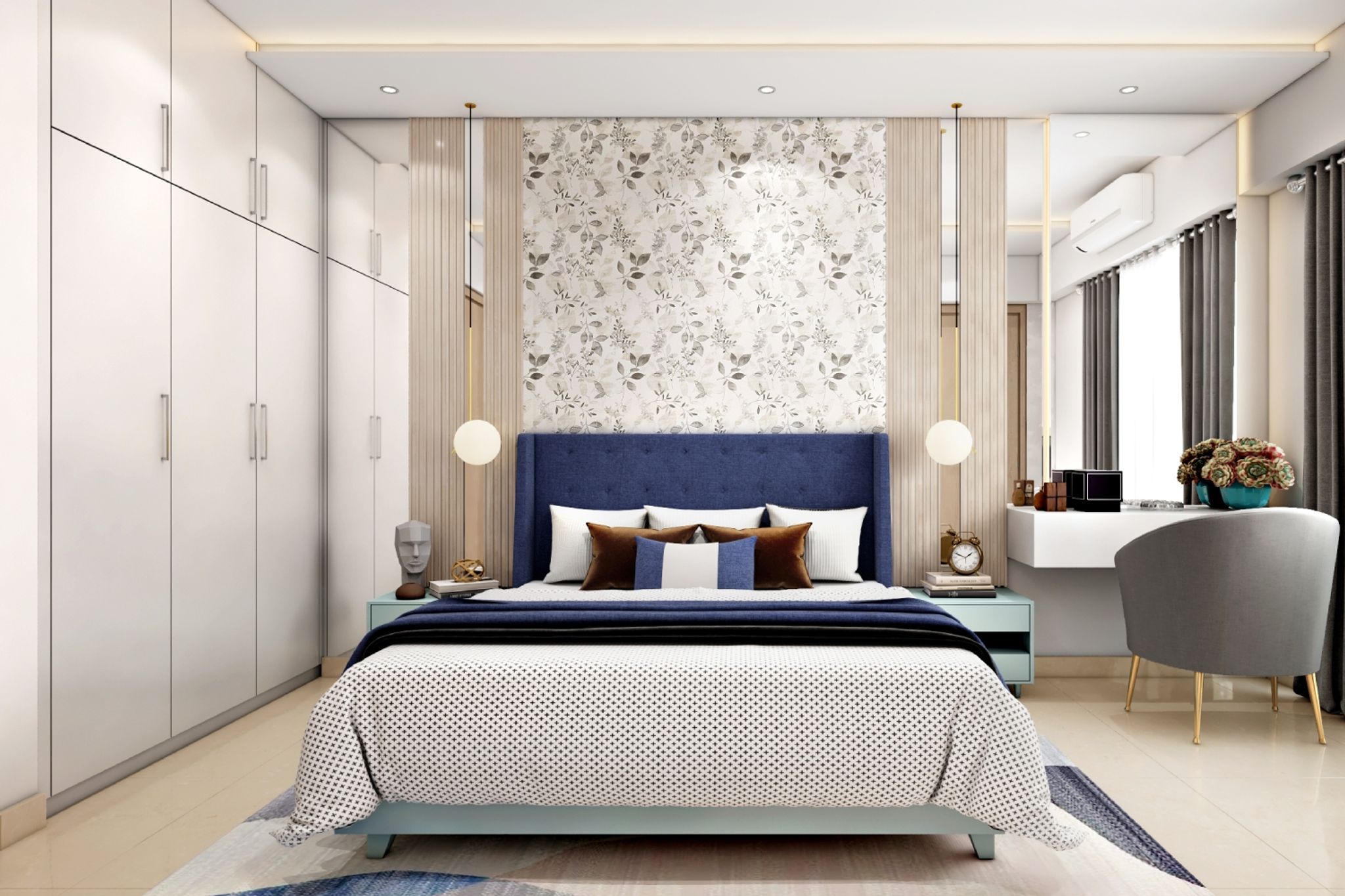 Modern Master Bedroom Design with Dark Blue Accents | Livspace
