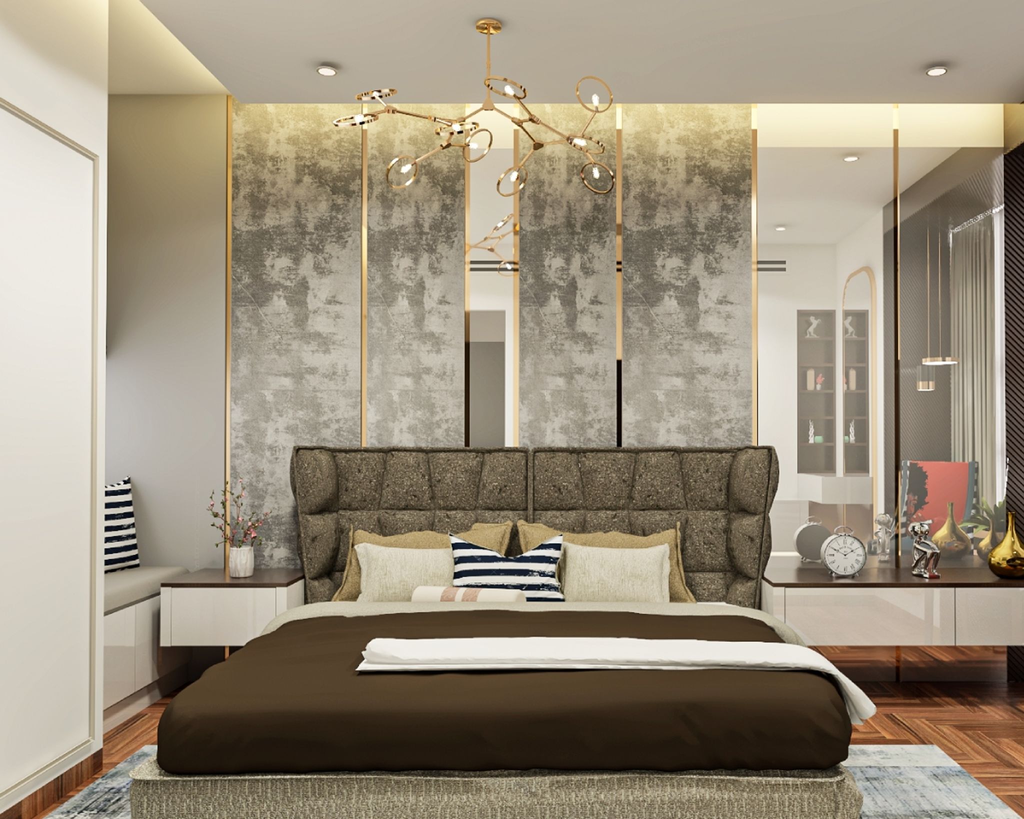 Spacious Grey And Brown Master Bedroom Design With Textured Grey And ...