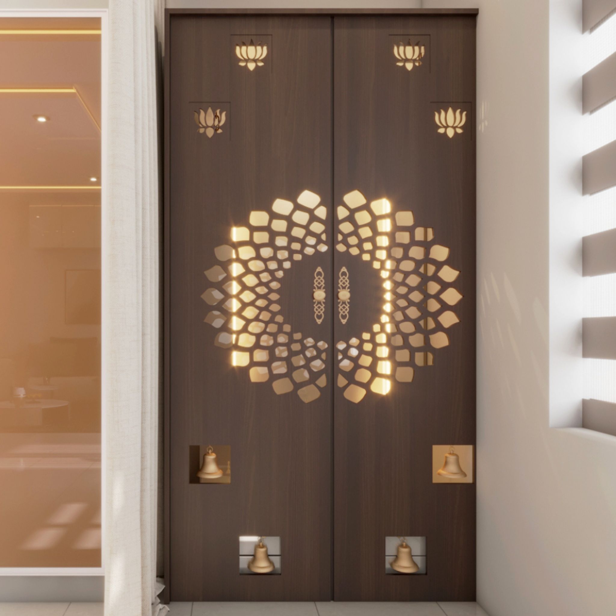 Floor-Mounted Mandir Design With White Drawer Storage And Wooden Side ...