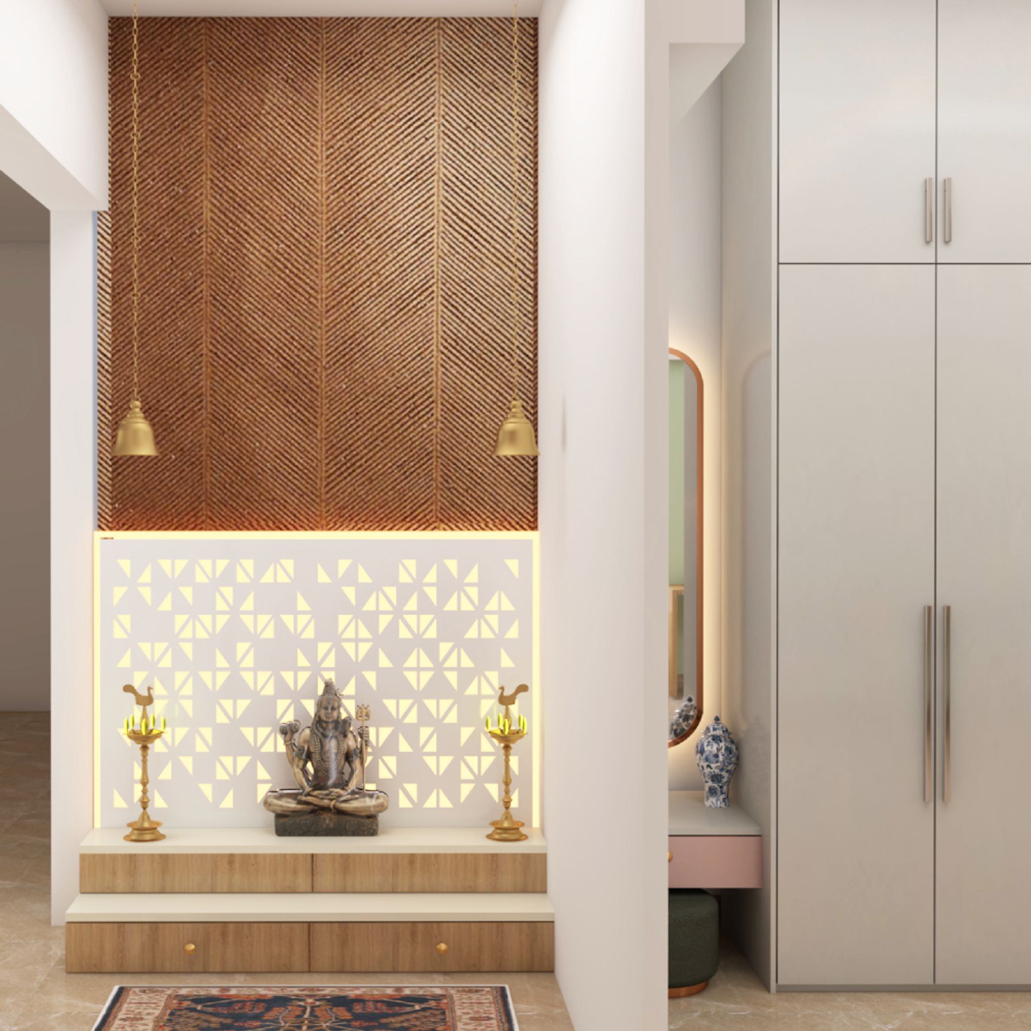Wood And White Spacious Mandir Design With Stepped Drawer Storage ...