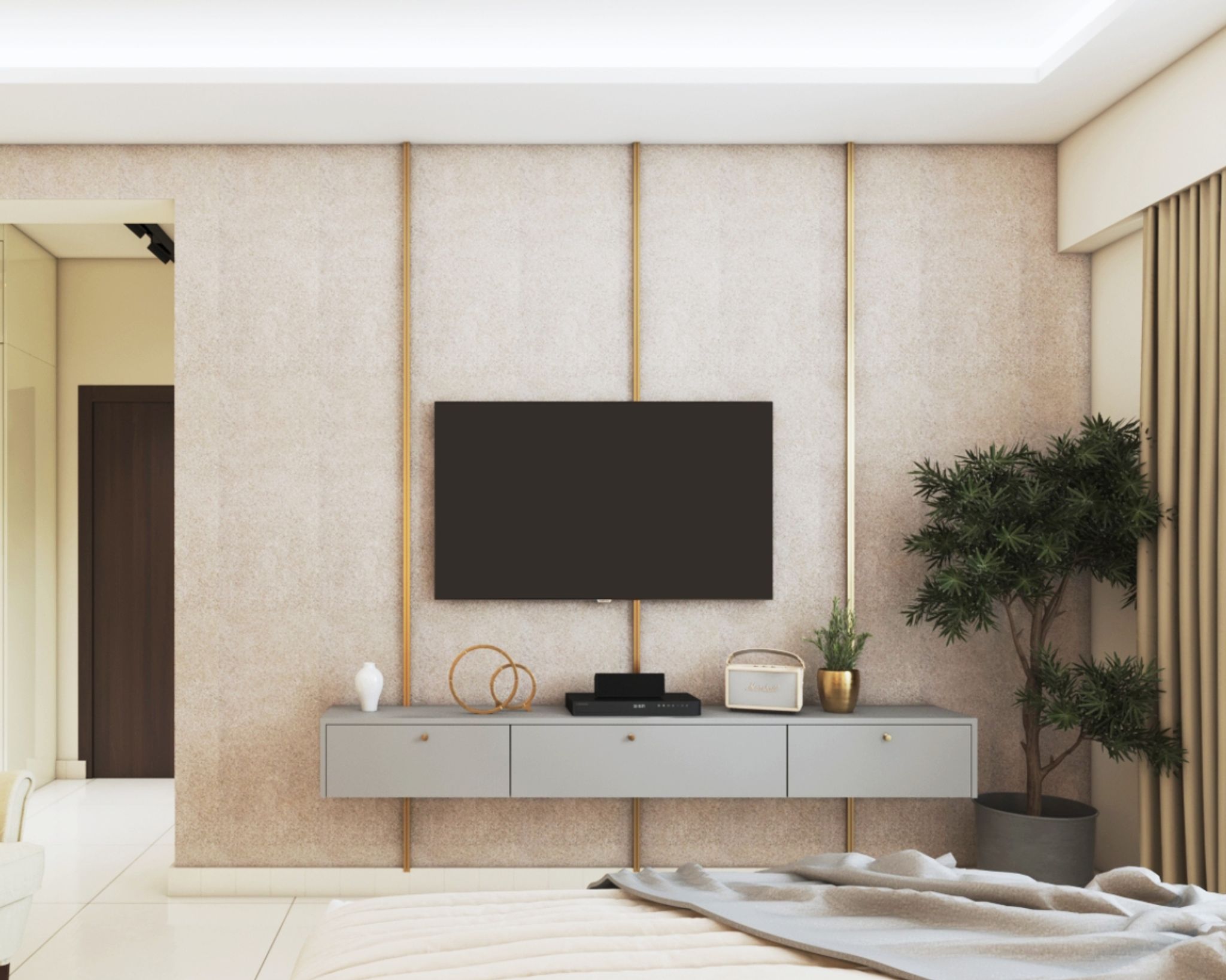 Compact Grey TV Unit Design Against Light Pink Textured Wall And Gold ...