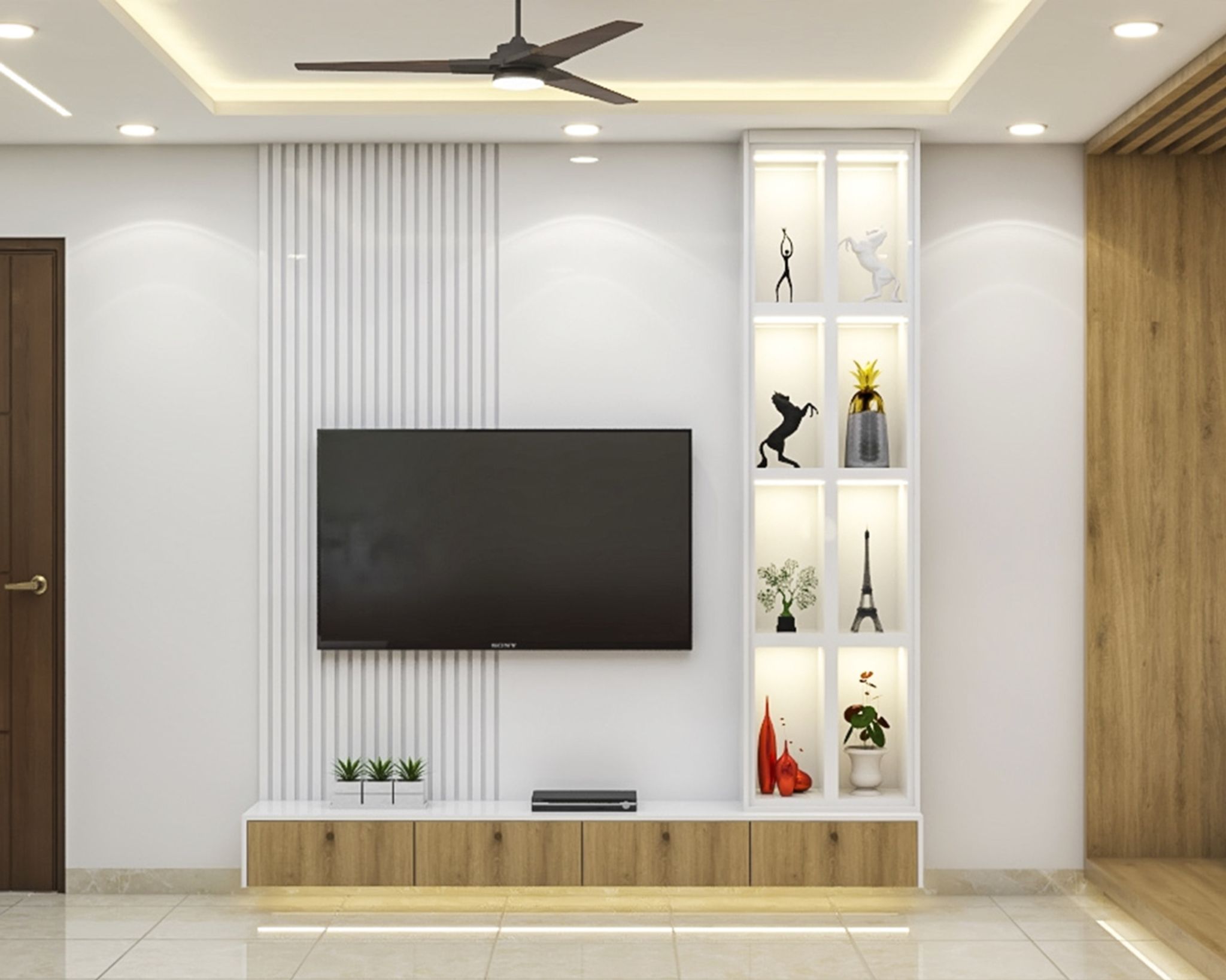 Brown And White TV Unit Design With Floor-Mounted Console And White ...