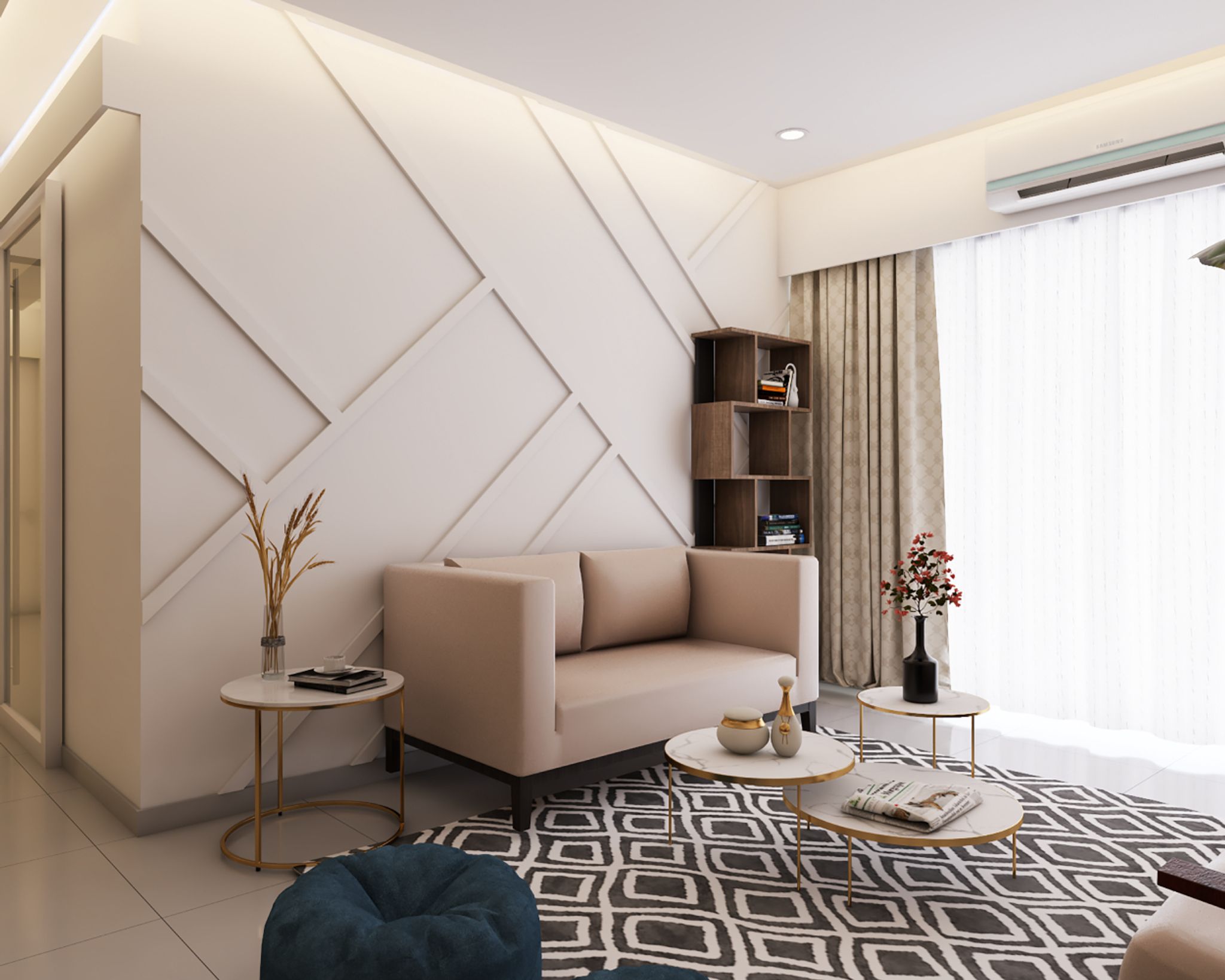 3D Geometric Panel Wall Design For Living Room | Livspace