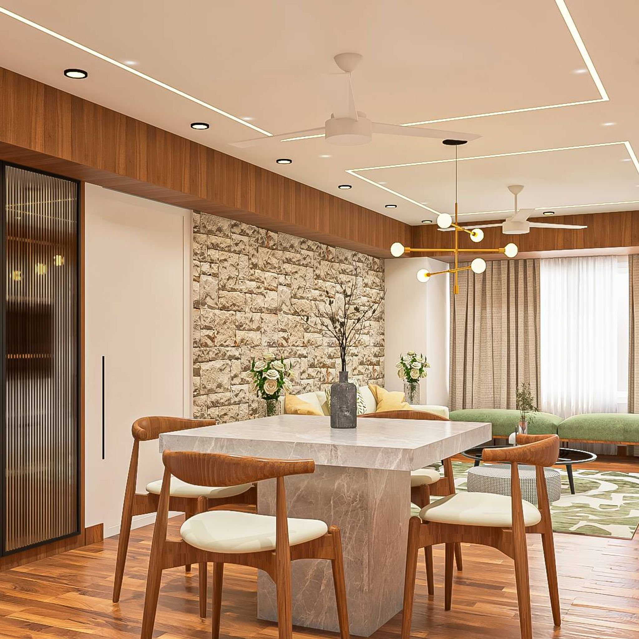Spacious Dining Hall Design With Wooden Flooring | Livspace