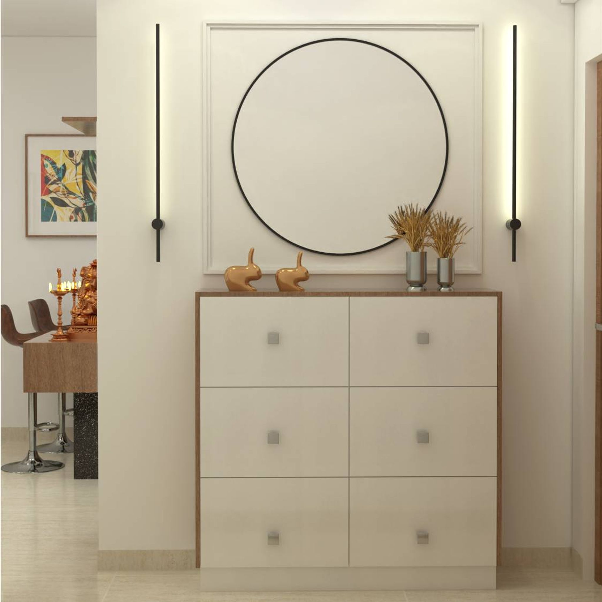 Spacious Foyer Design With Round Mirror And Bright Lighting | Livspace