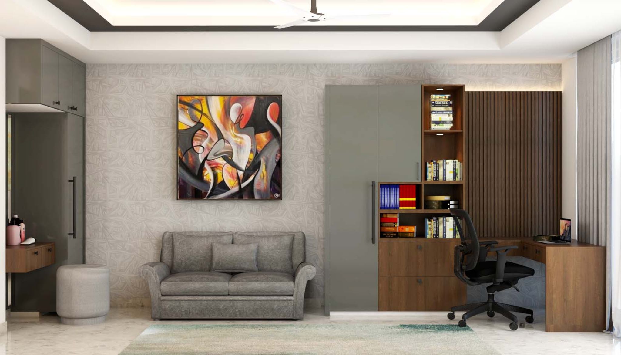 Spacious Home Office Design With Walnut Bronze Study Table And Fluted ...