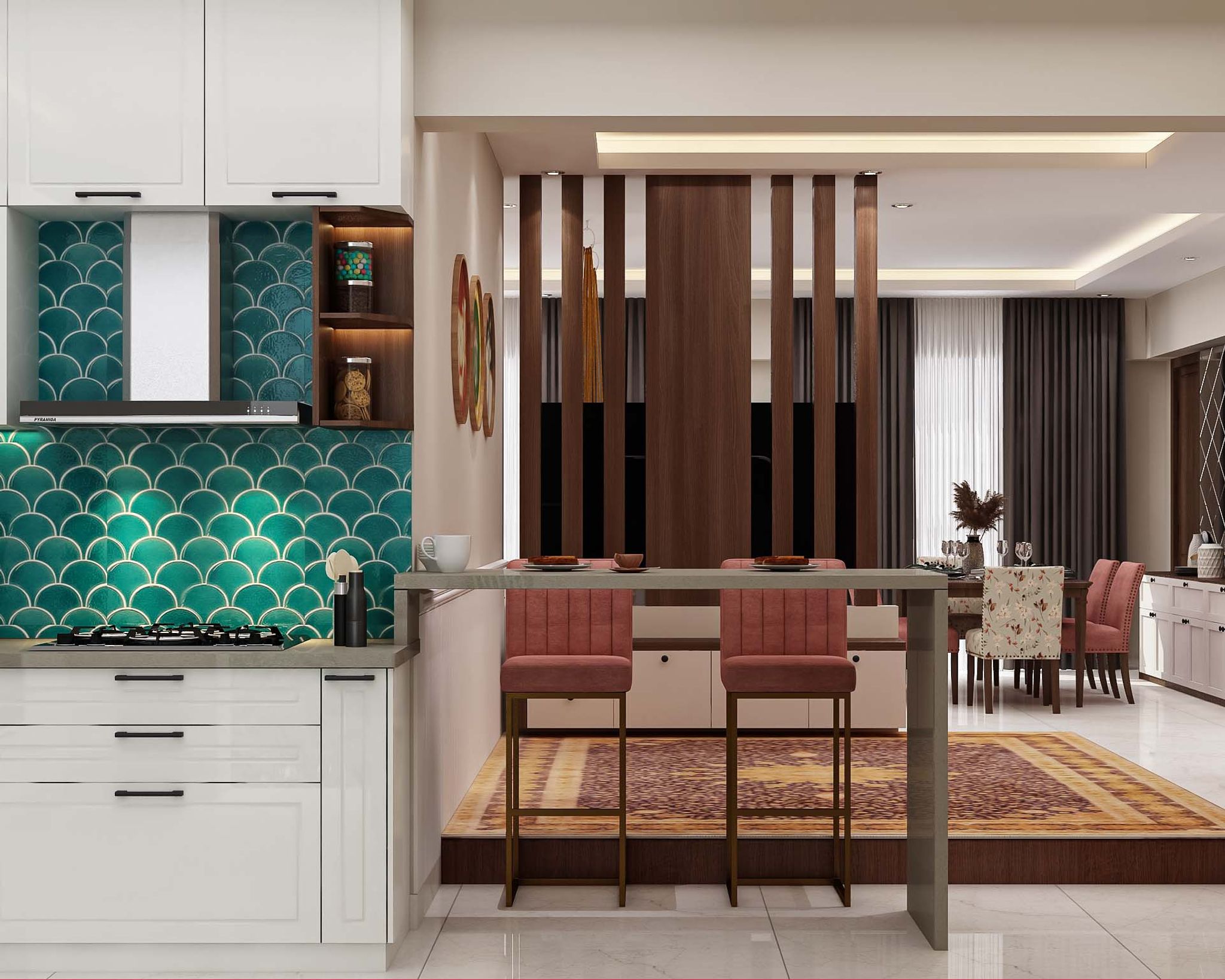 Spacious L-Shaped Indian Kitchen Design In White And Sea Green | Livspace