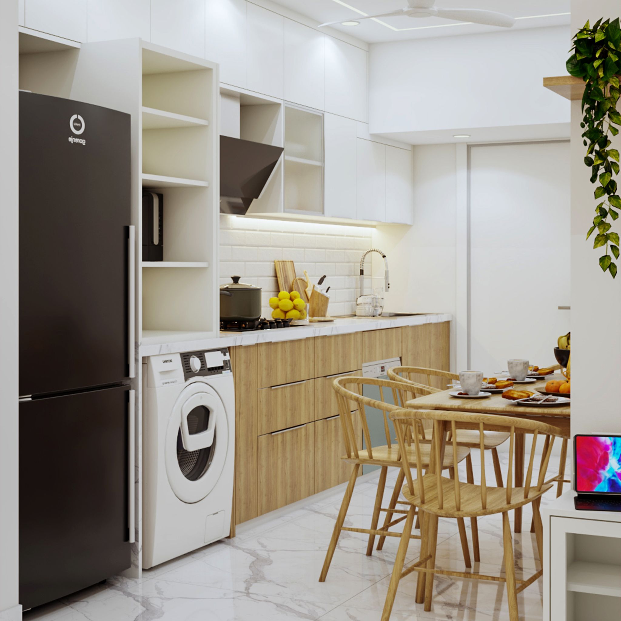 Spacious Kitchen Interior Design With White Brick Patterned Dado Tiles ...