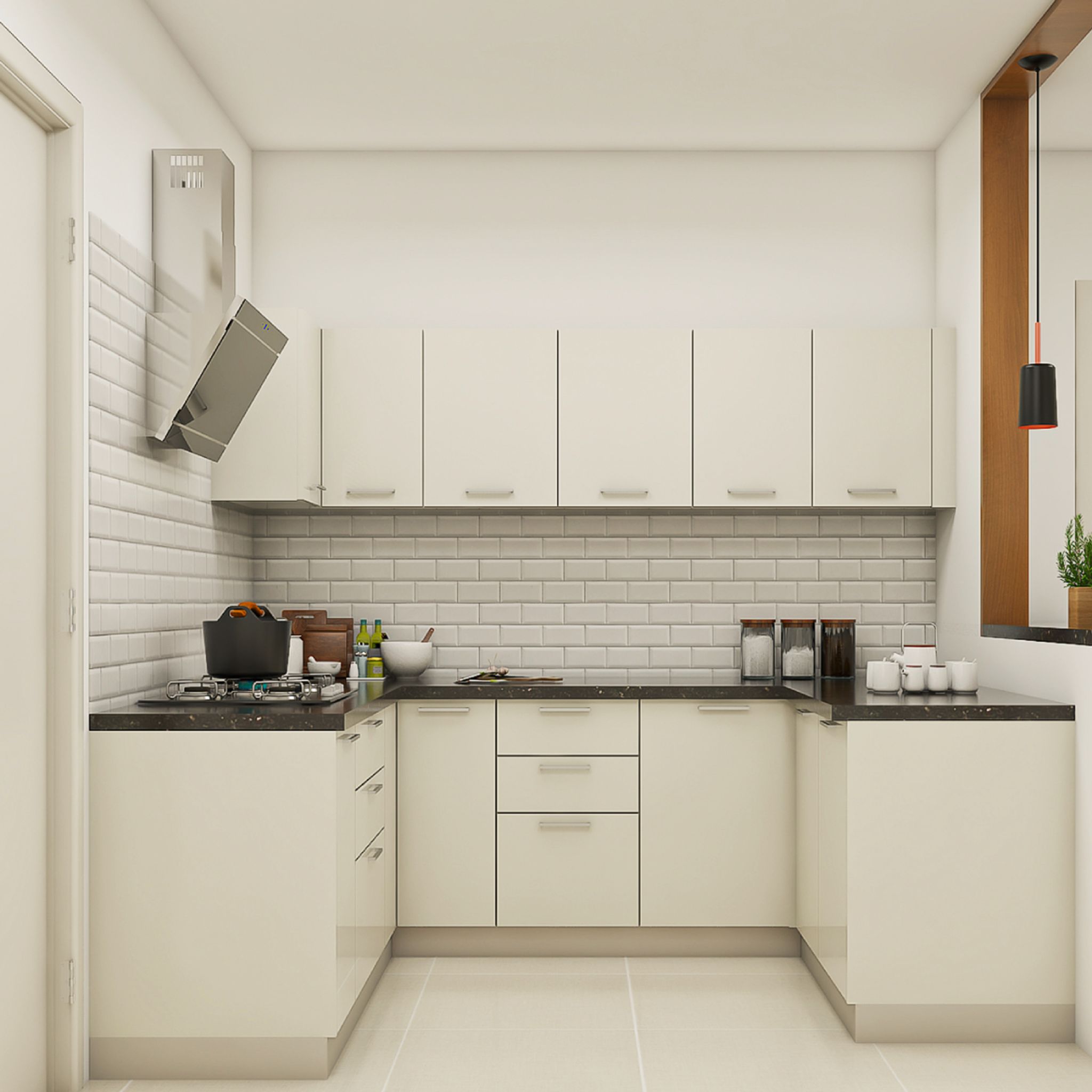 Compact U-Shaped Modular Kitchen Design In Champagne Tones | Livspace