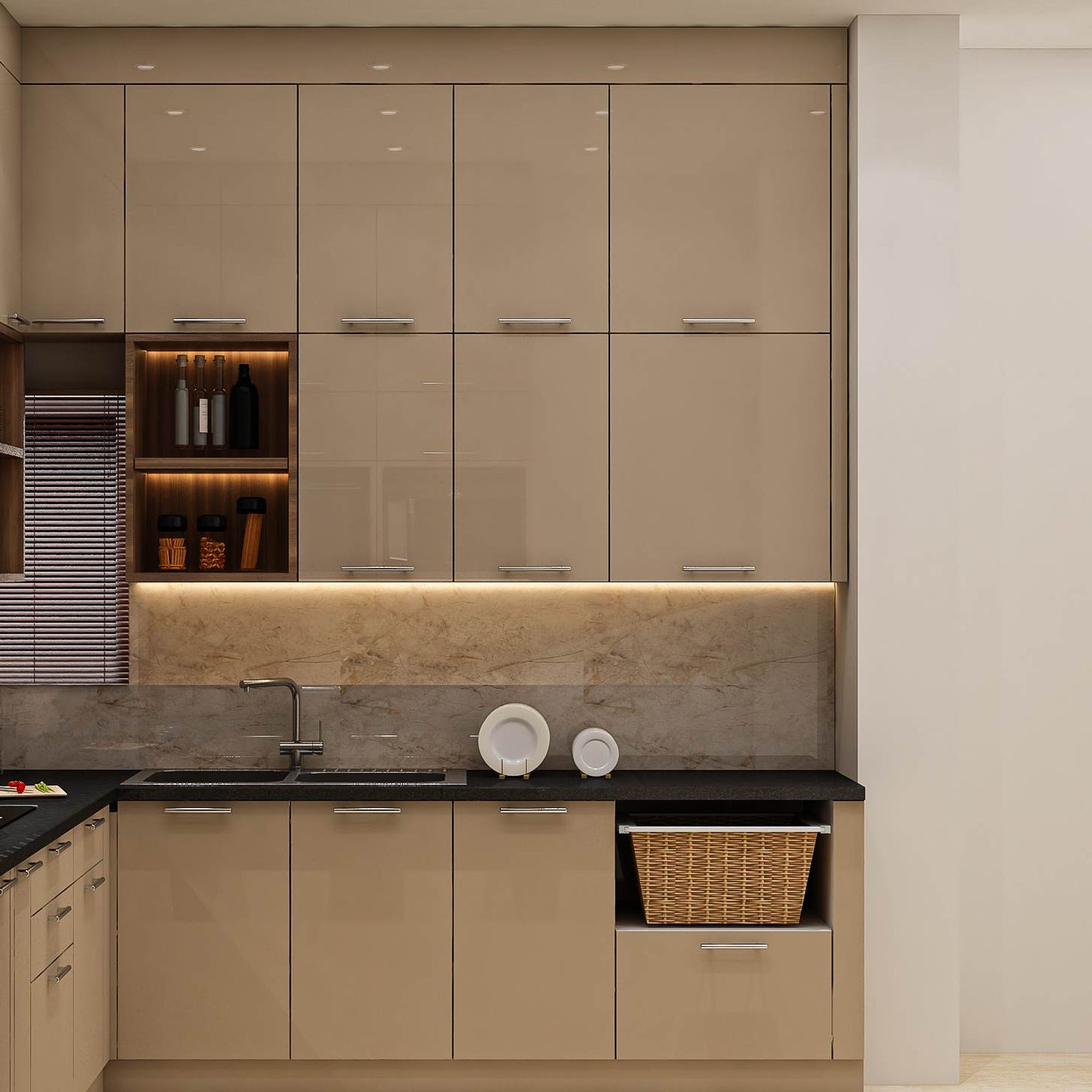 Spacious Kitchen Design With Metallic Beige Cabinets | Livspace