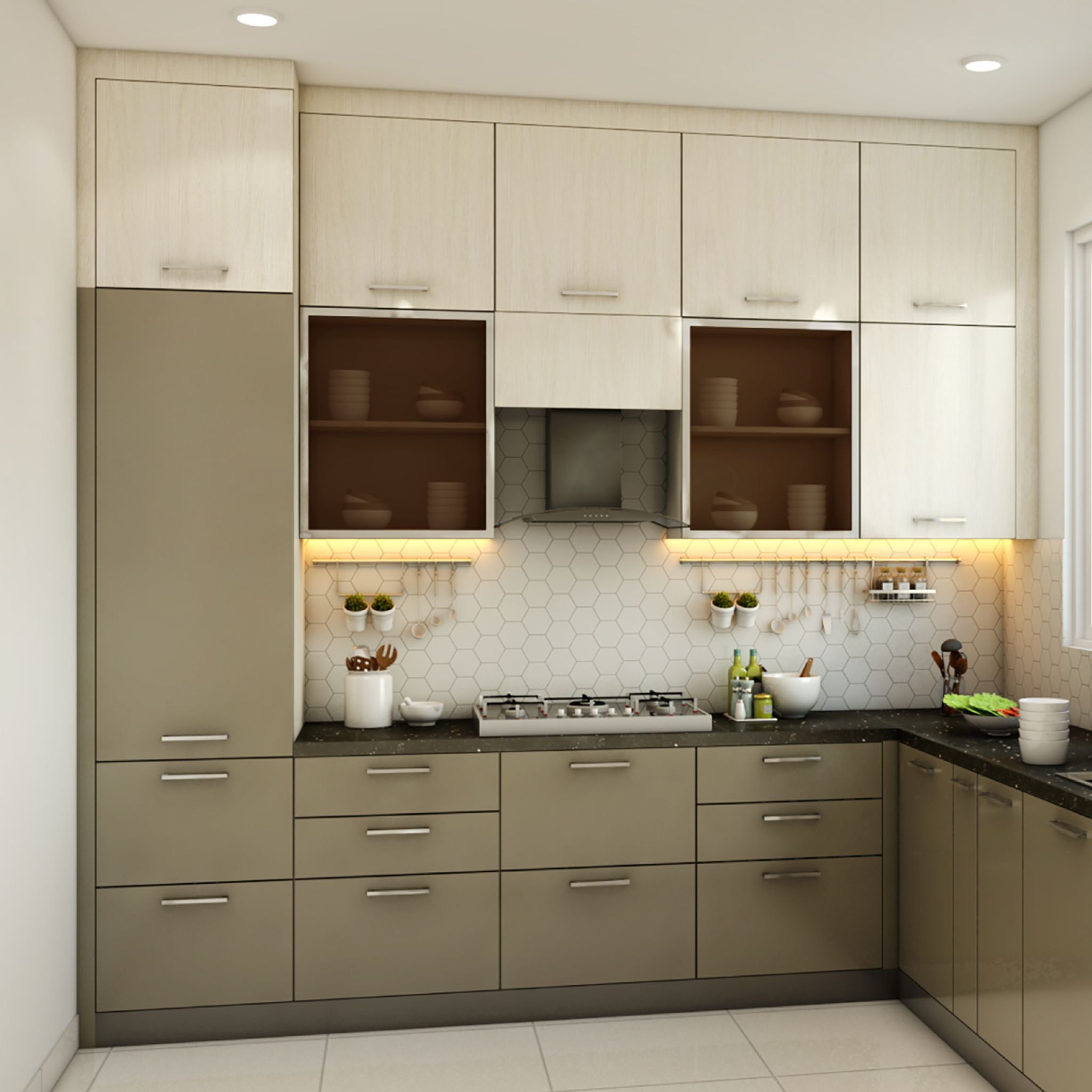 Compact Kitchen Design With Hexagonal Wall Dado Tiles | Livspace