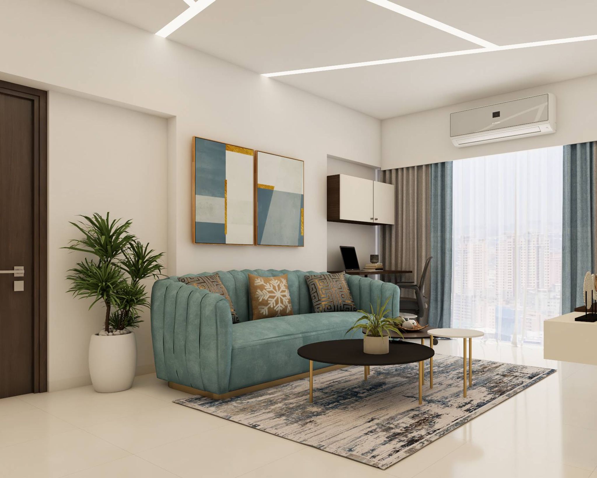 Compact Living Room Design With False Ceiling And Ambient Lighting ...