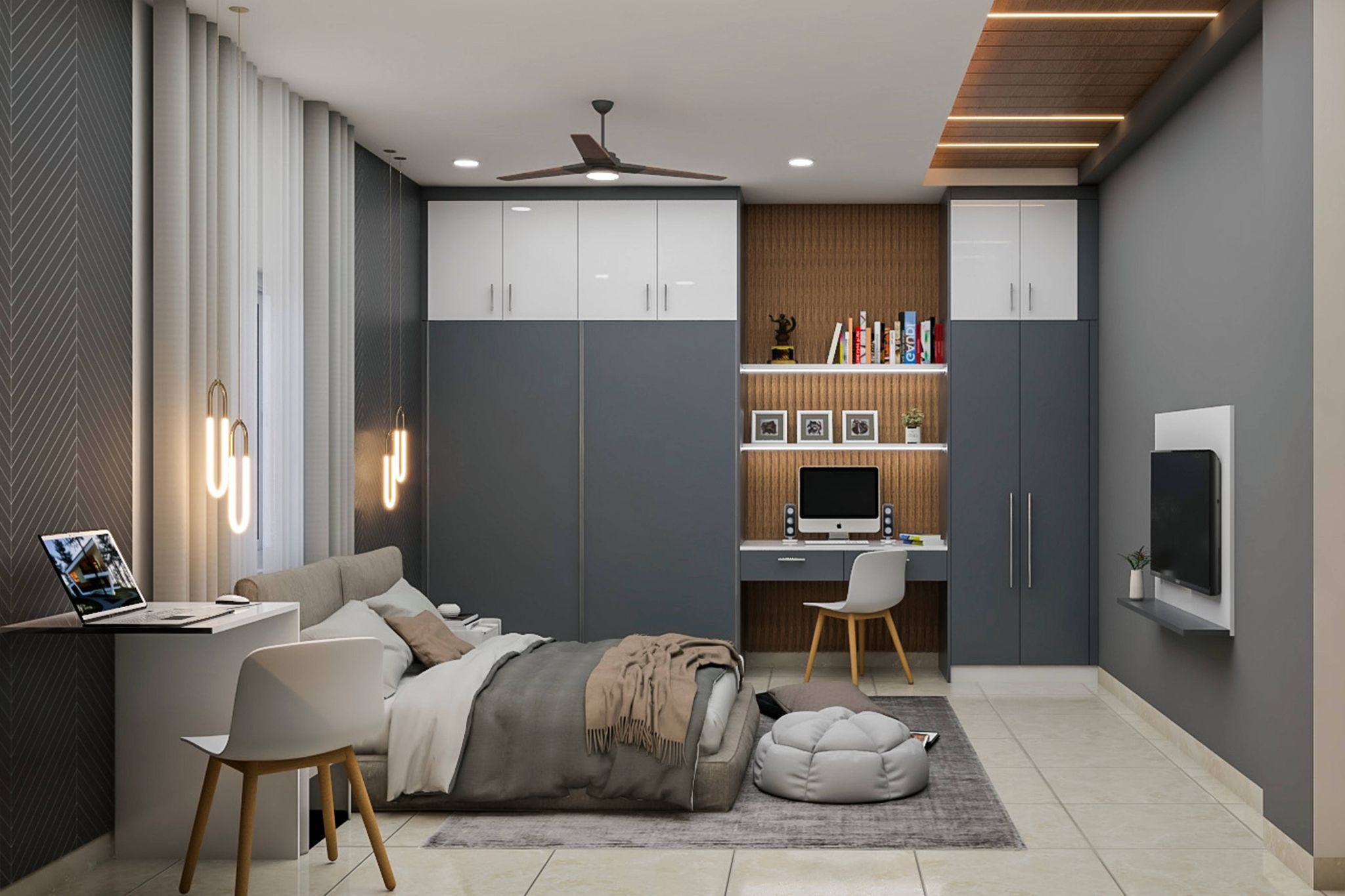 Master Bedroom With Grey Wall Paenlling And Contemporary Aesthetics ...